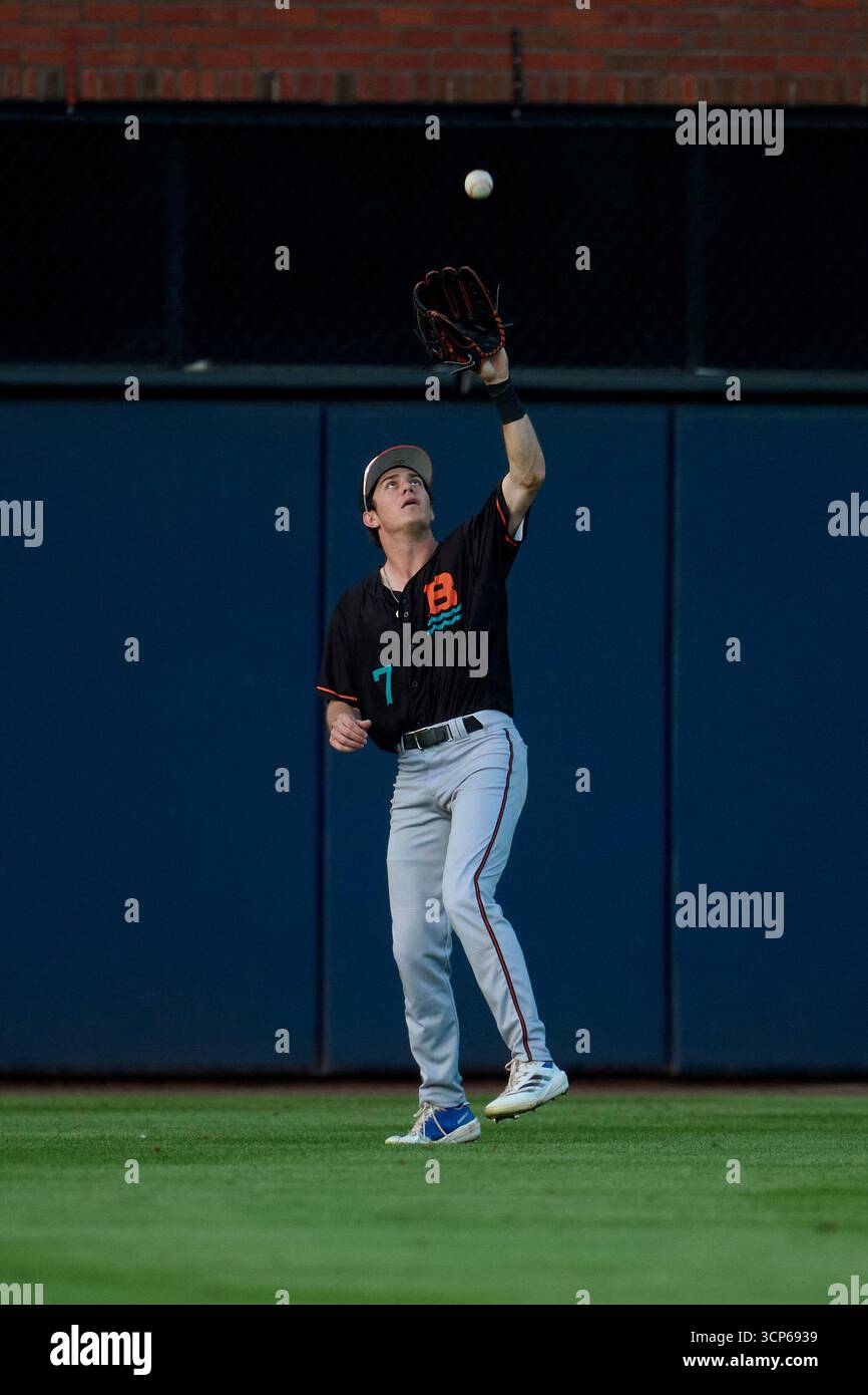 Chesapeake Baysox outfielder Austin Overn (7) catching a fly ball ...
