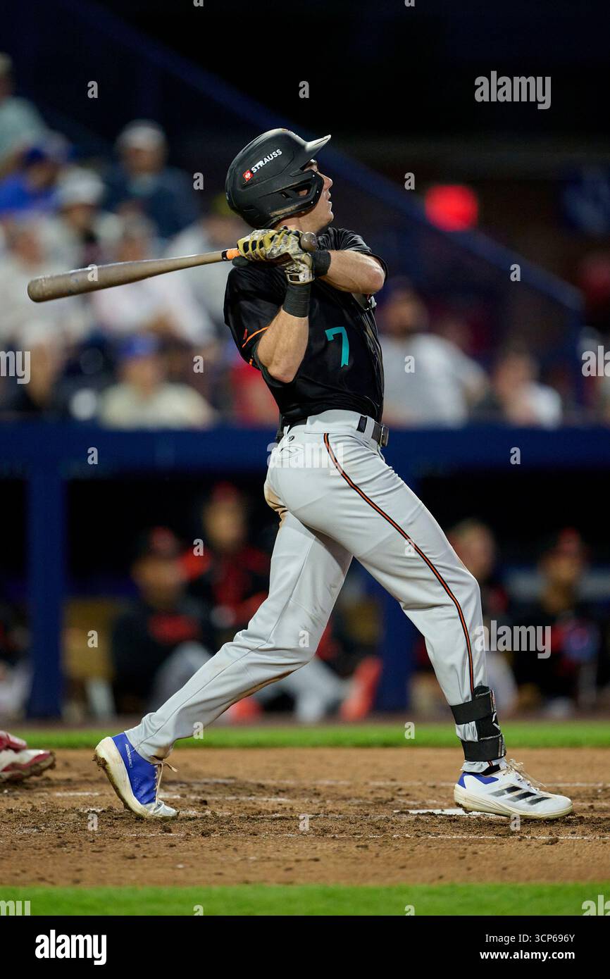 Chesapeake Baysox Austin Overn (7) hits a home run during an MiLB ...