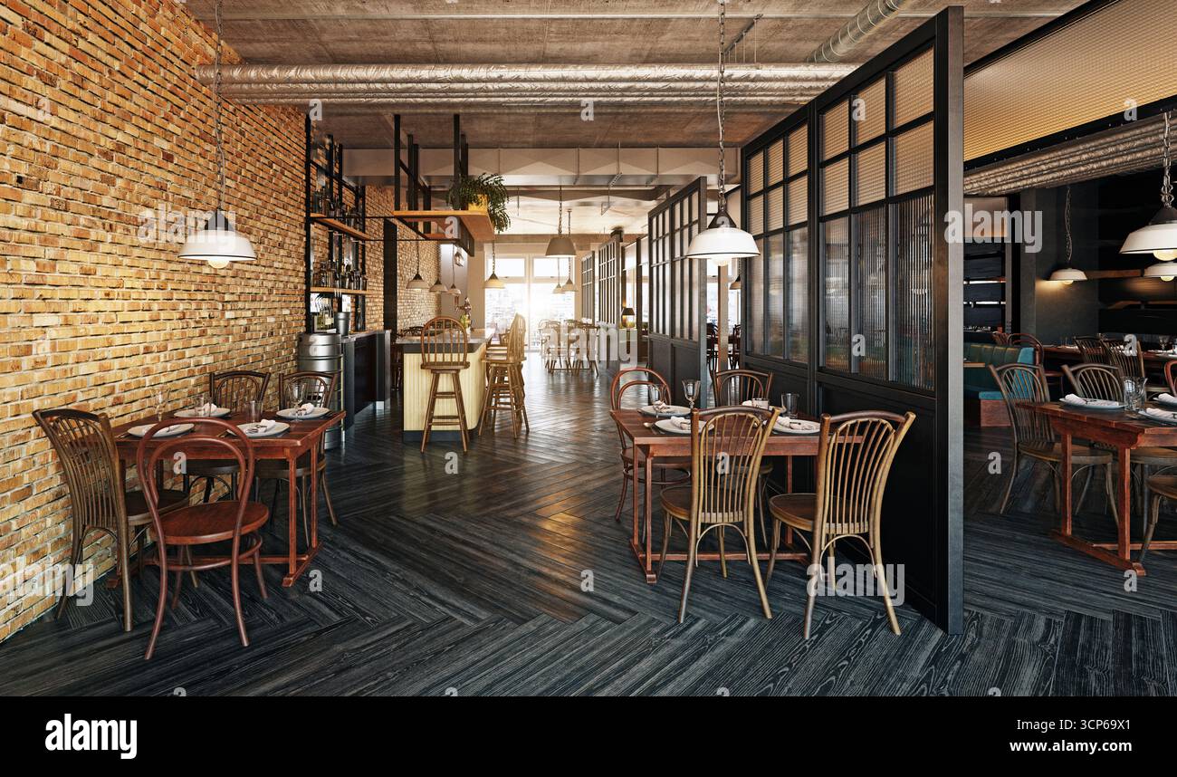 Interior of an empty industrial loft style restaurant and bar. Rustic ...