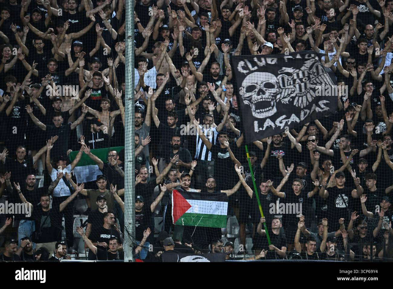 PAOK'S fans hold a Palestinian Flag during the Europa League soccer ...