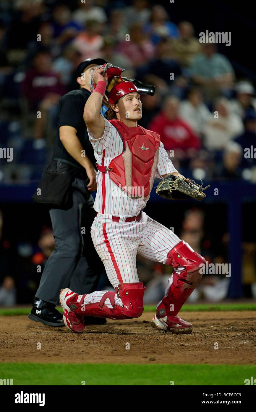 Reading Fightin Phils catcher Caleb Ricketts (19) tracks a foul ball ...