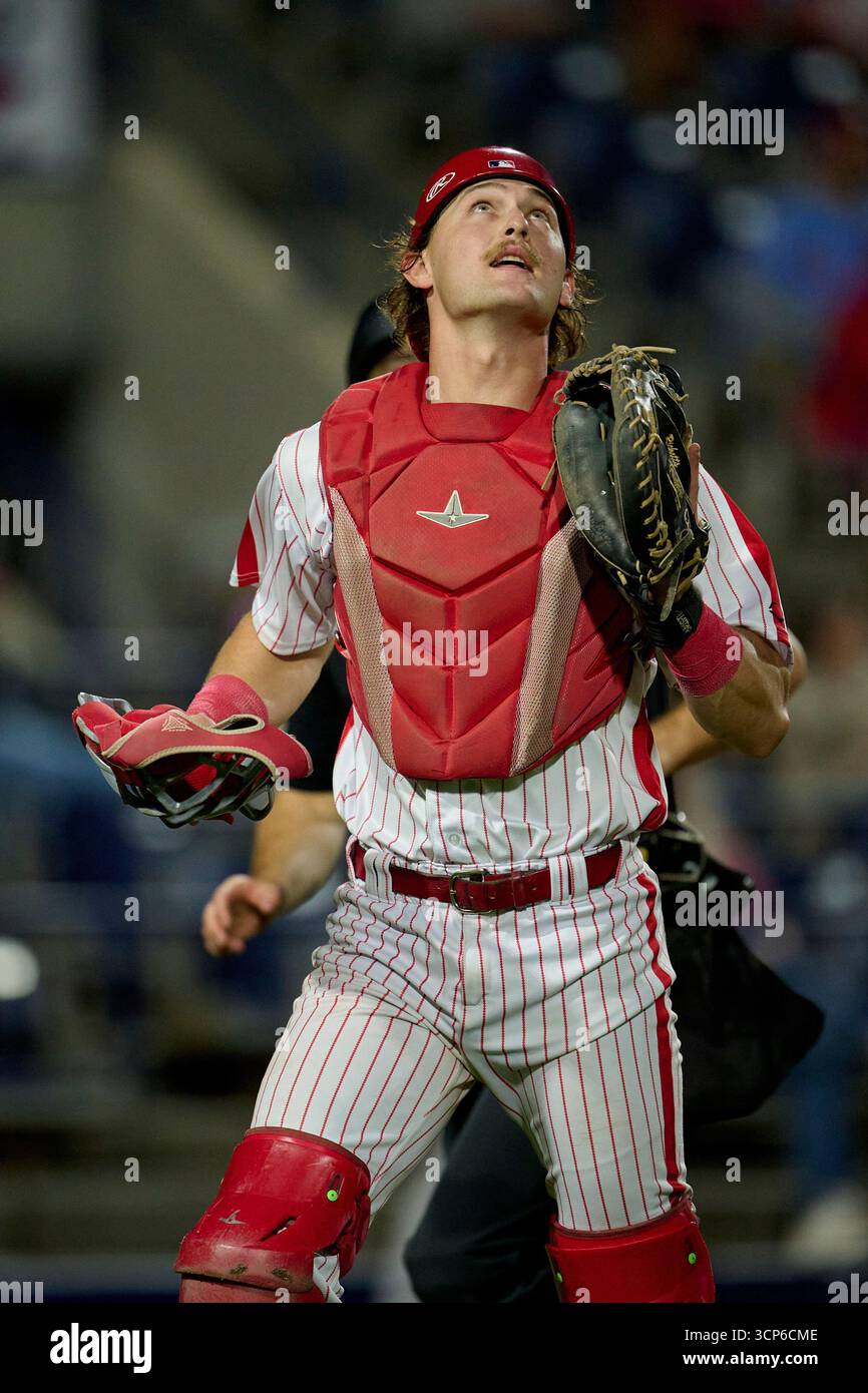 Reading Fightin Phils catcher Caleb Ricketts (19) tracks a foul ball ...