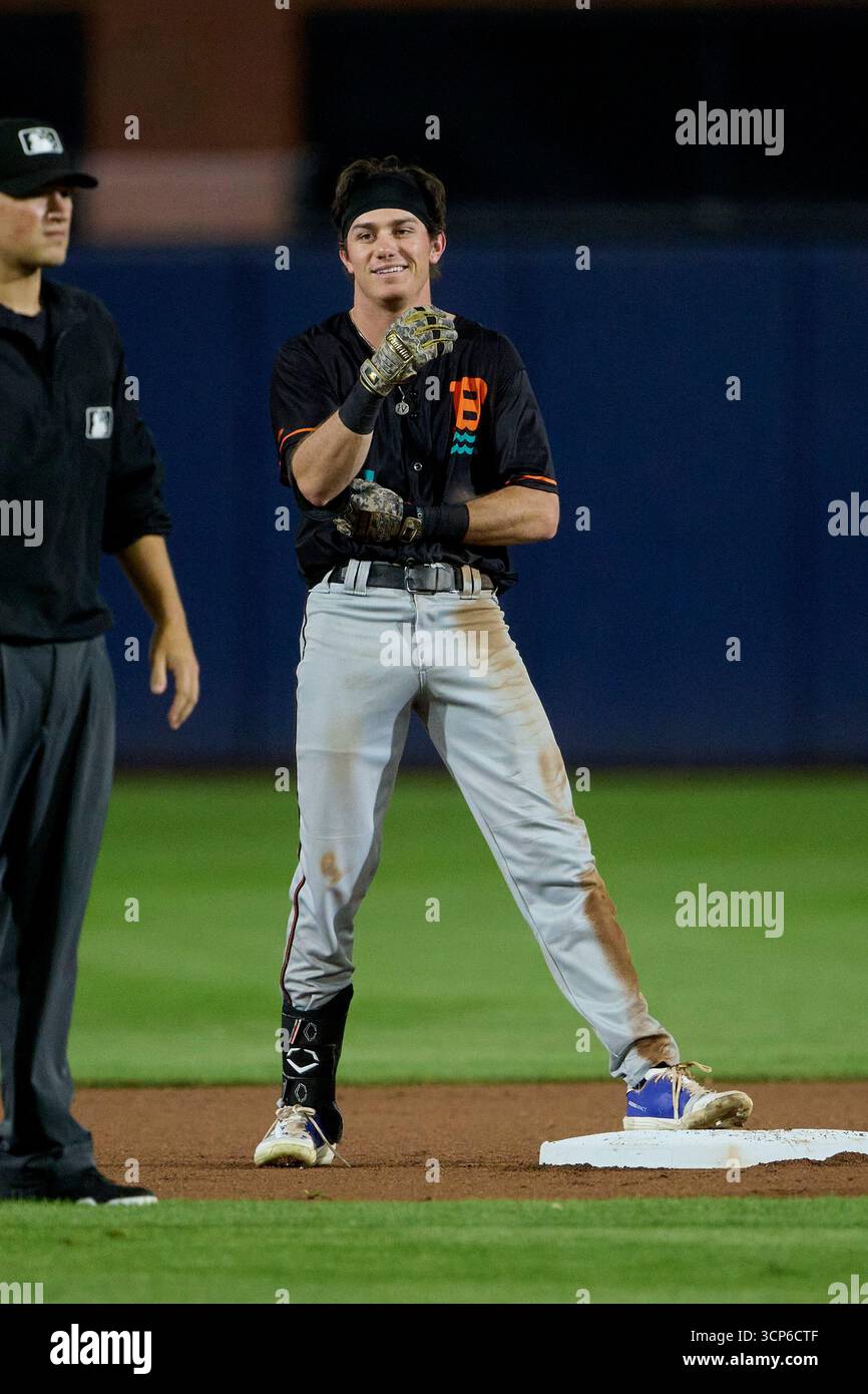 Chesapeake Baysox Austin Overn (7) celebrates hitting a double during ...