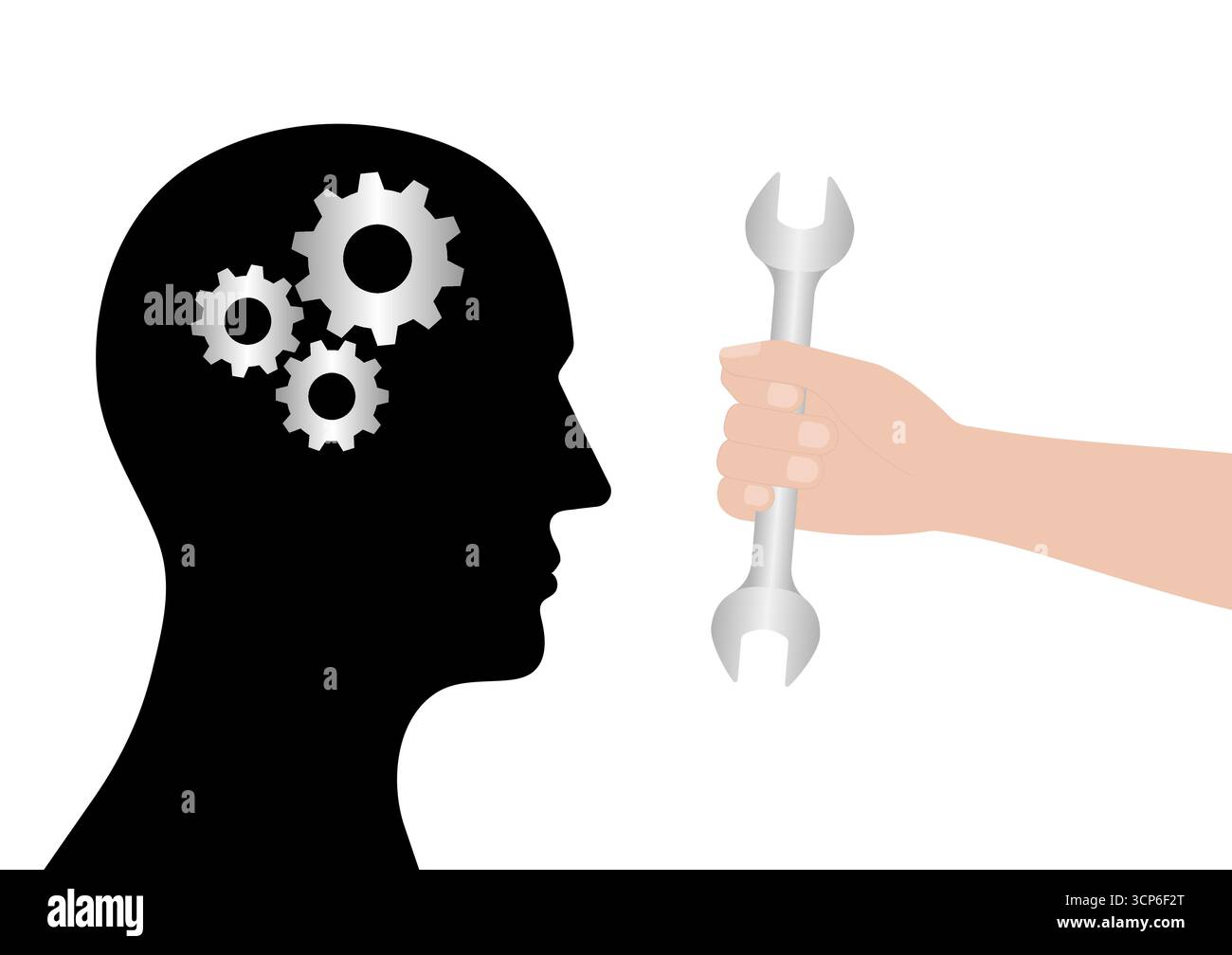 Human Head with Gear or Cogwheels and Hand Holding Wrench. Brain ...
