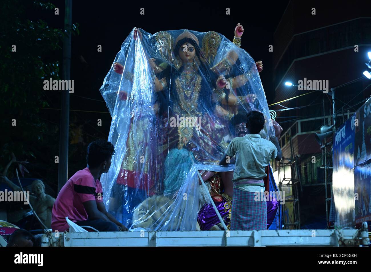 KOLKATA, INDIA - SEPTEMBER 24: Idols of Goddess Durga are covered with ...