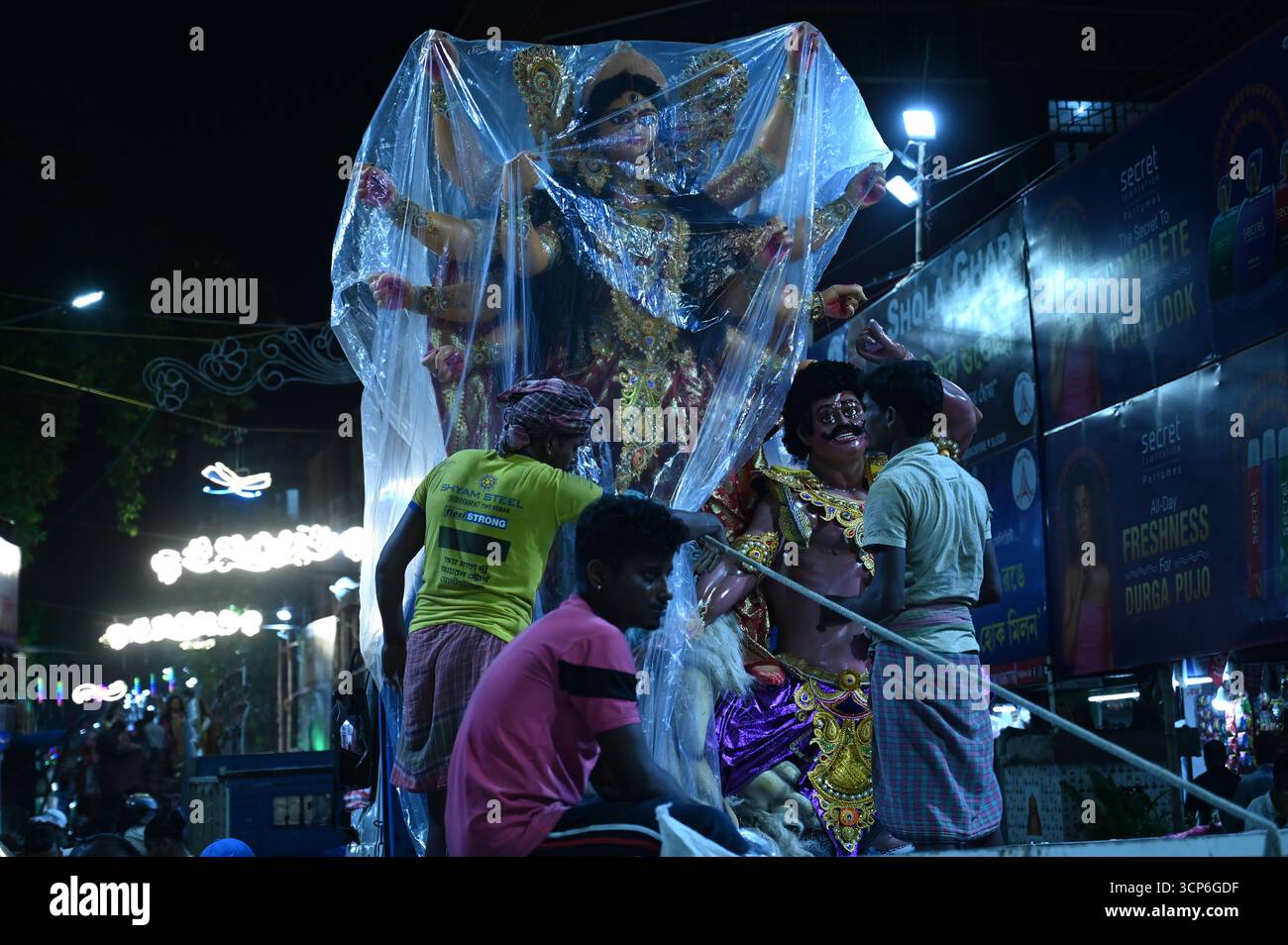 KOLKATA, INDIA - SEPTEMBER 24: Idols of Goddess Durga are covered with ...
