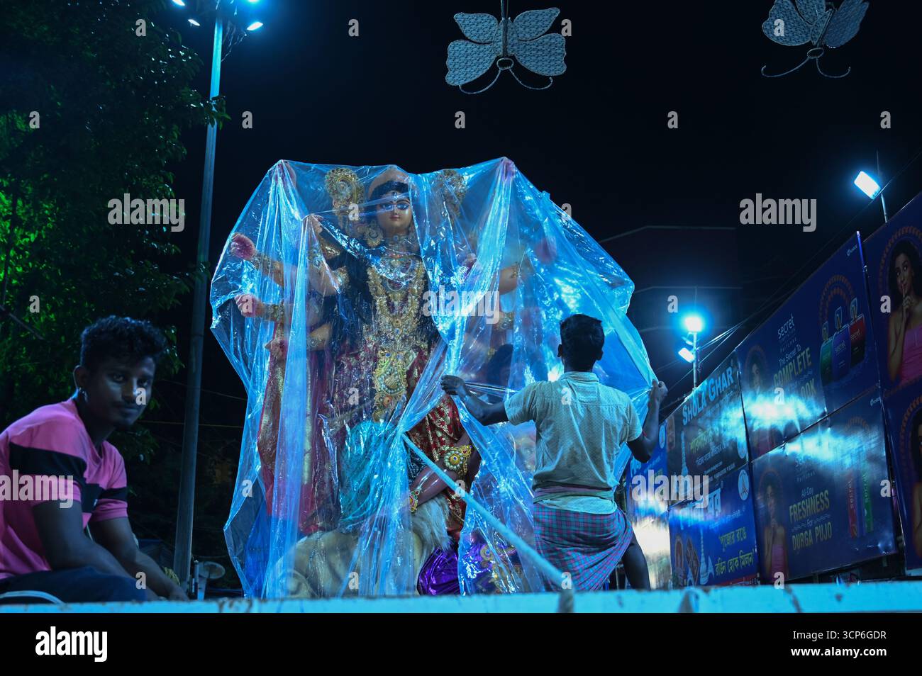 KOLKATA, INDIA - SEPTEMBER 24: Idols of Goddess Durga are covered with ...