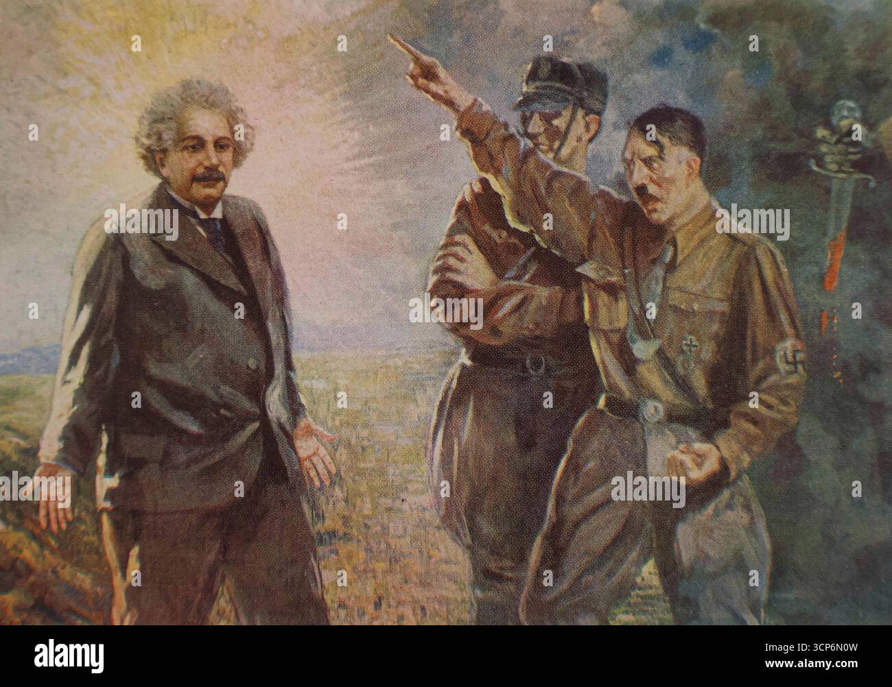 Adolf Hitler ejecting physicist Albert Einstein from Germany. Postcard ...