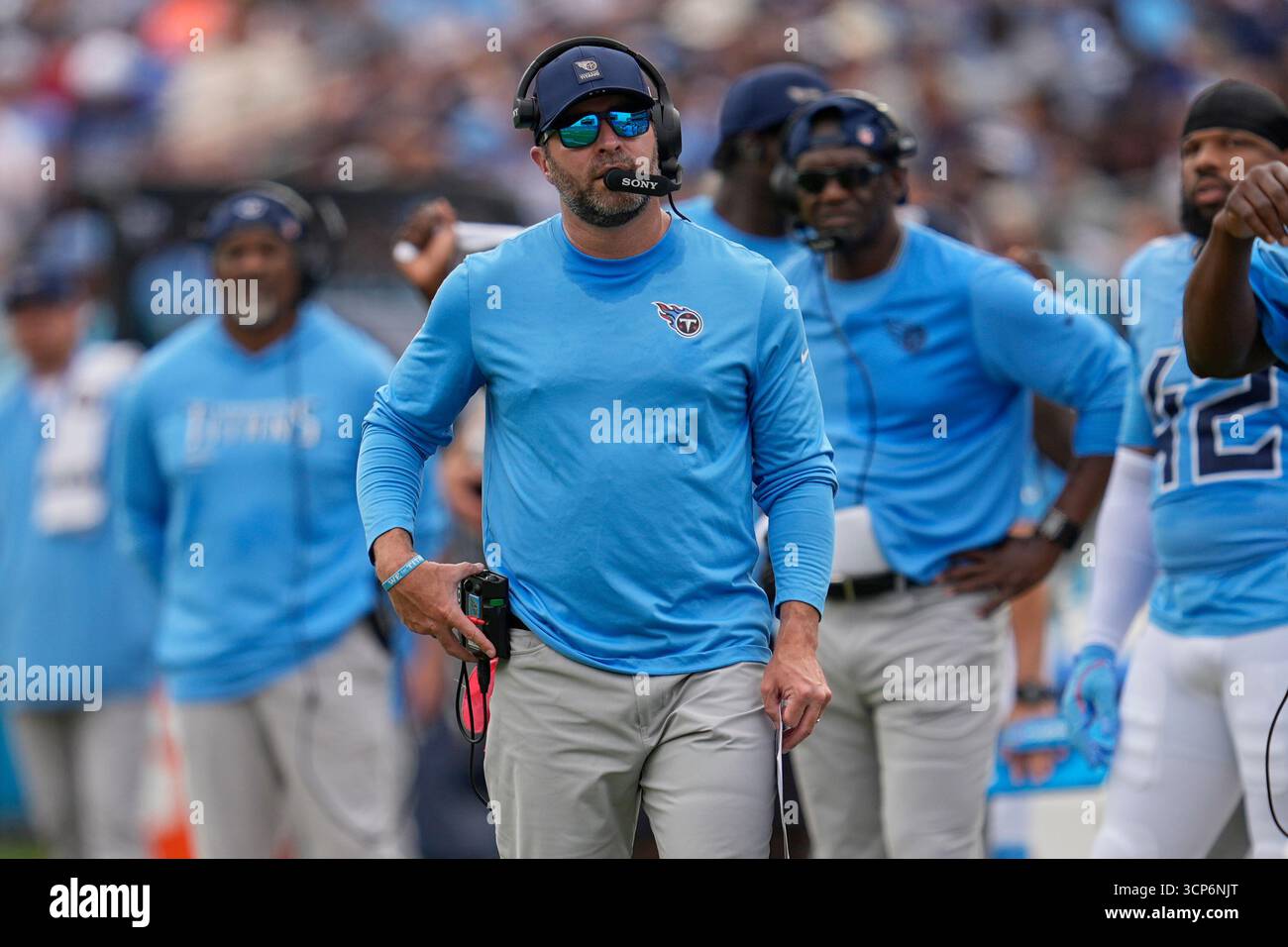 Tennessee Titans head coach Brian Callahan looks onto the field during ...