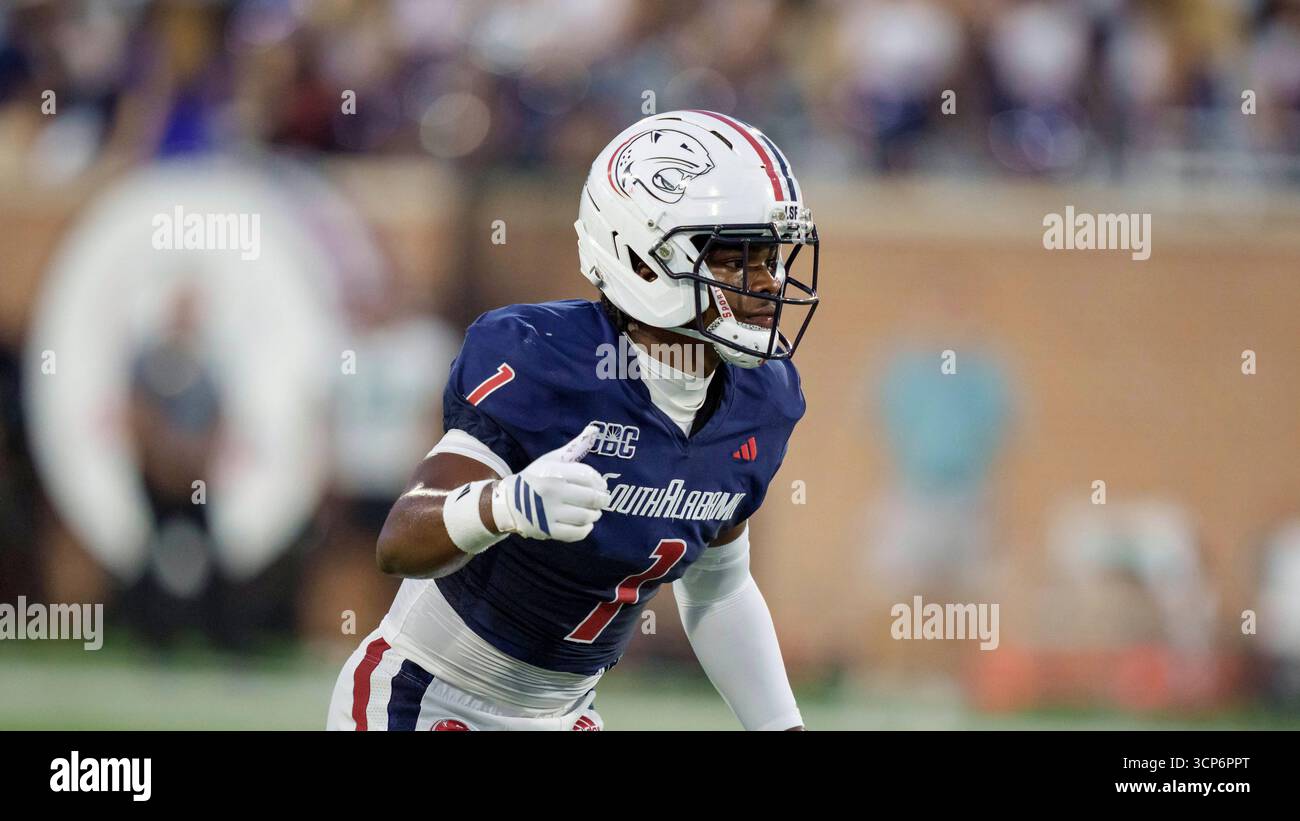 South Alabama safety Wesley Miller (1) signals during an NCAA football ...