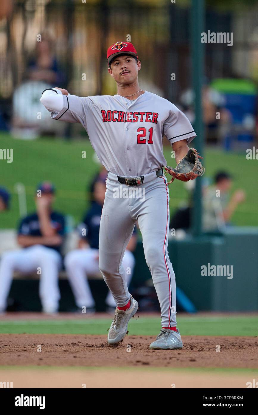 Rochester Red Wings third baseman Trey Lipscomb (21) throws to first ...