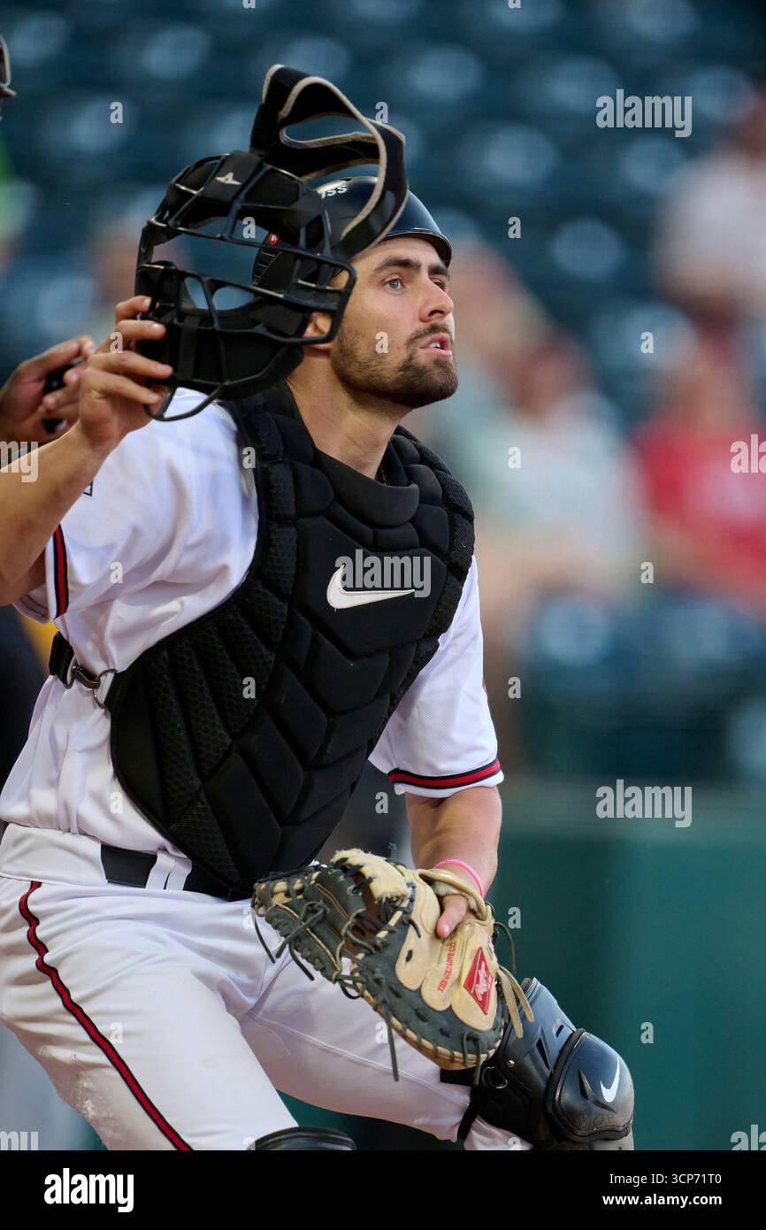 Richmond Flying Squirrels catcher Drew Cavanaugh (19) tracks a foul ...