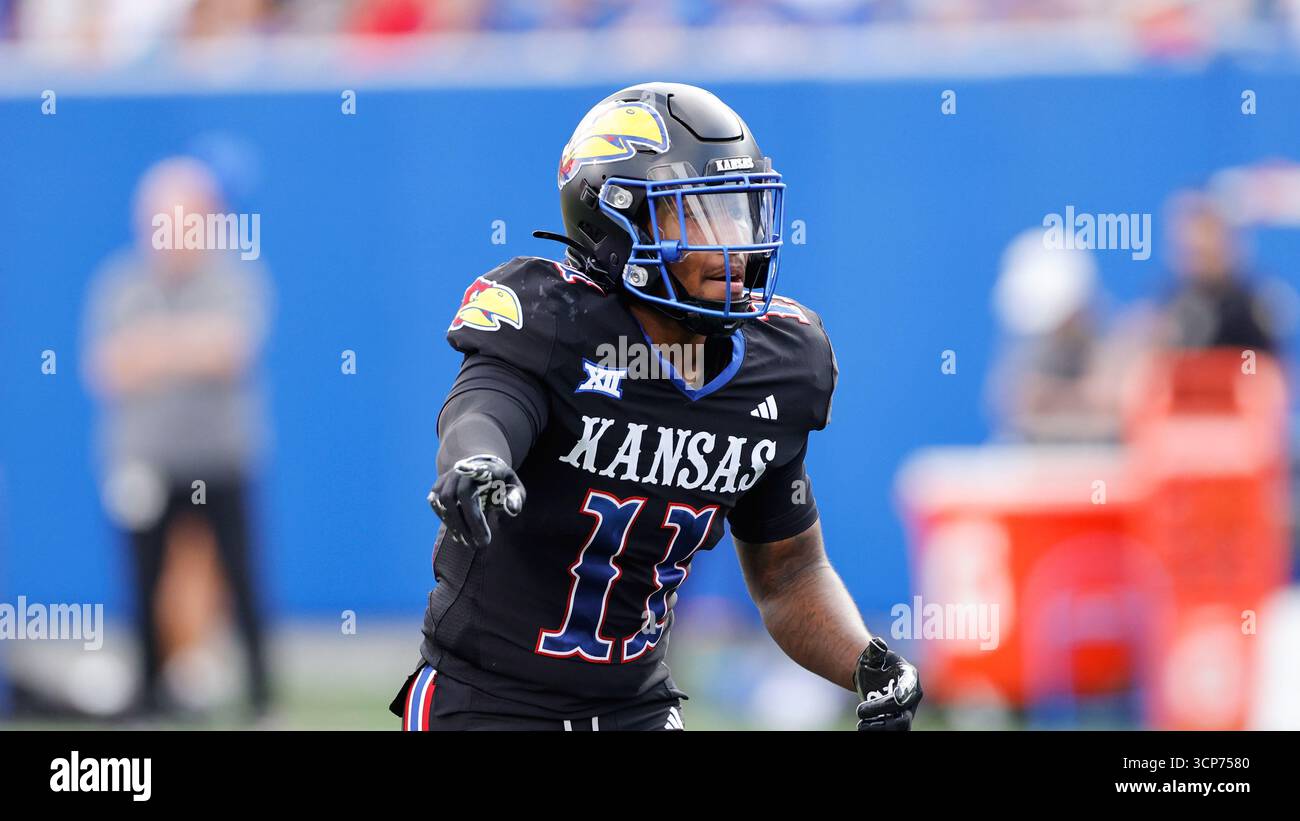 Kansas safety Devin Dye (11) during an NCAA collage football game on Saturday, Sept. 20, 2025 ...