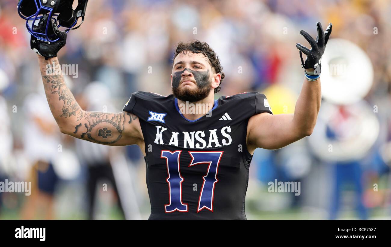 Kansas tight end Jaden Hamm (17) during an NCAA collage football game ...