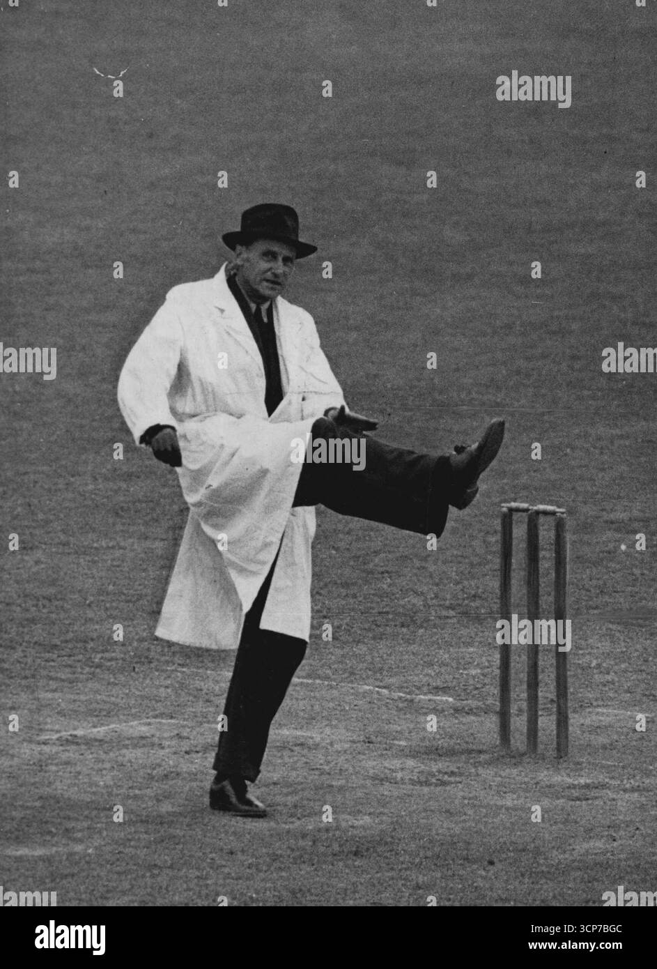 Frank Chester signals a leg-bye. He uses left hand because he lost the ...