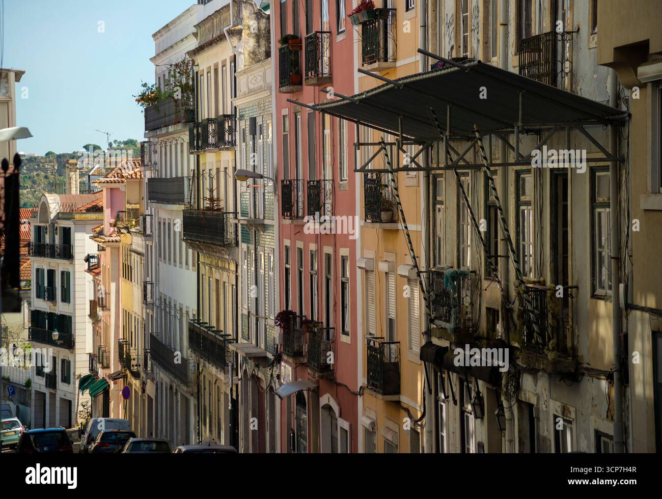 Detailed view of historic Lisbon buildings, featuring traditional ...