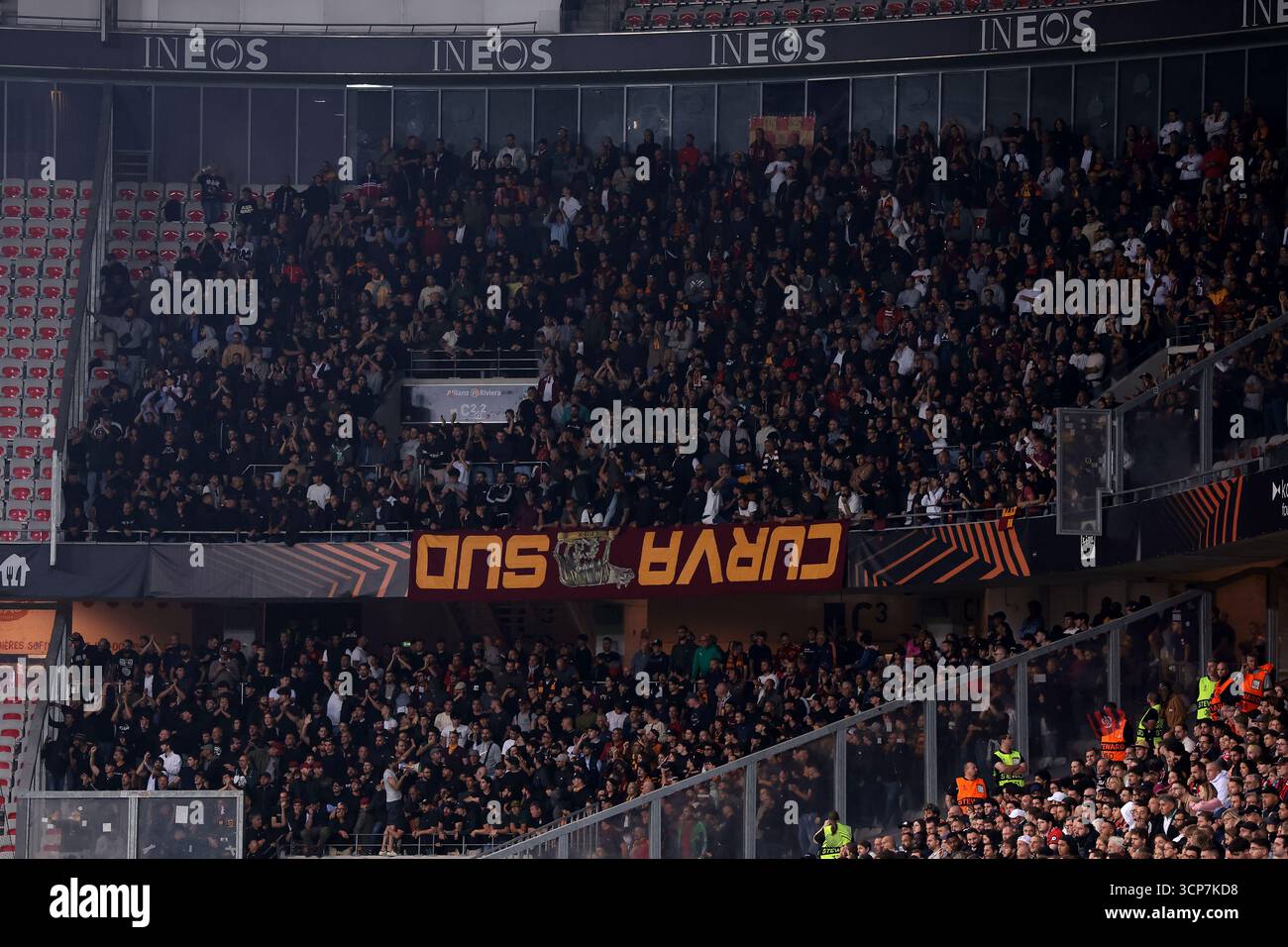 Nice, France, 24th September 2025. AS Roma fans in the visitors ...