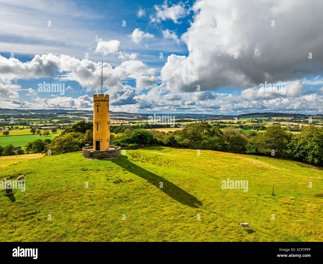 Binns Tower over Scotish farms and Forth Estuary from drone, House of ...