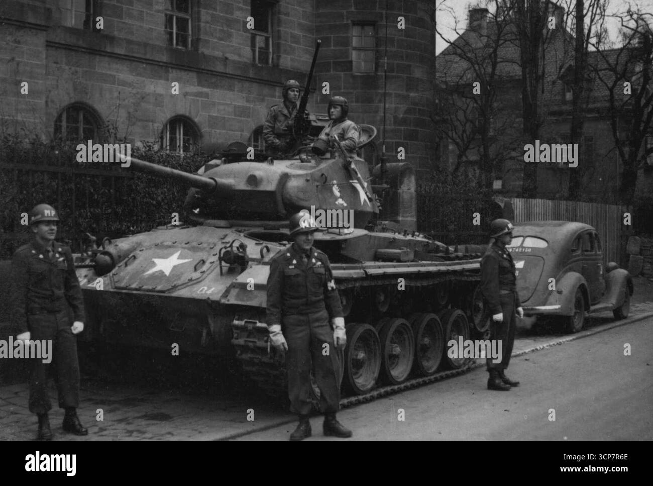U.S. tank guards Nuremberg Courthouse -- One of the new U.S.A. light ...