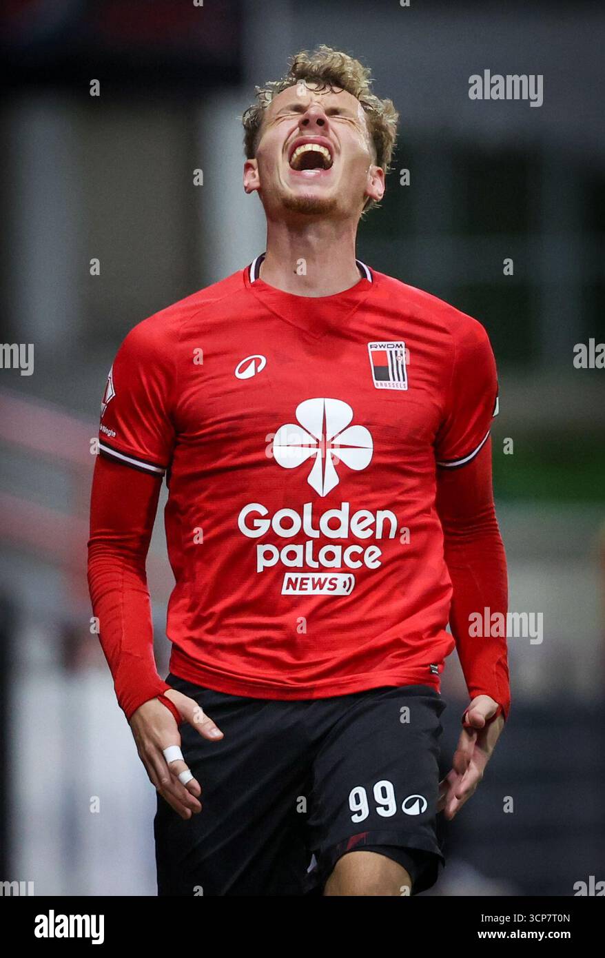 Brussels, Belgium. 24th Sep, 2025. Rwdm's Tibo Persyn looks dejected ...