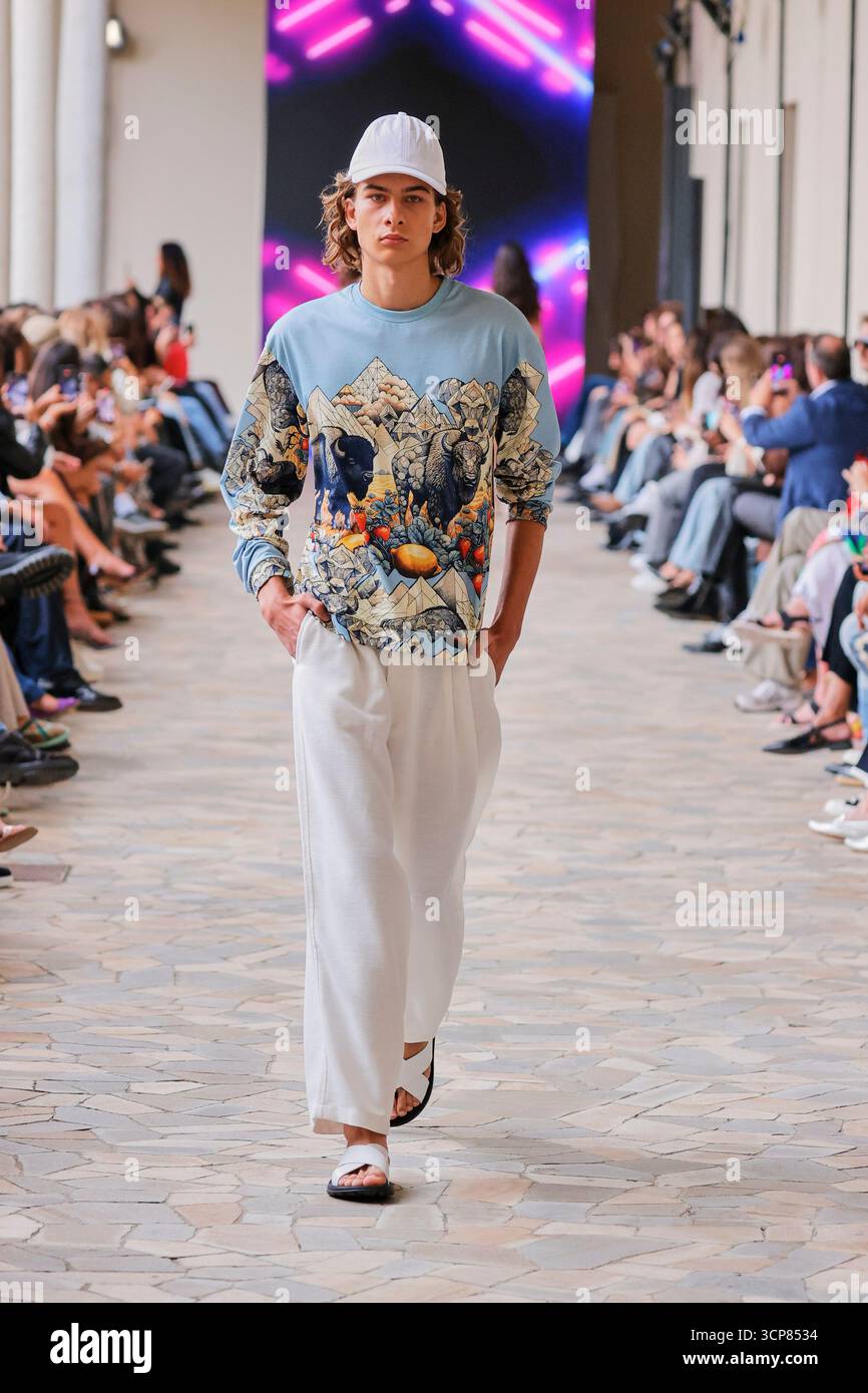 A model is seen on the catwalk at the Custo Barcelona Milano fashion ...