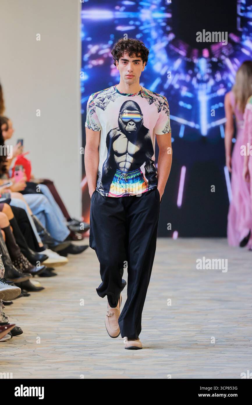 A model is seen on the catwalk at the Custo Barcelona Milano fashion ...