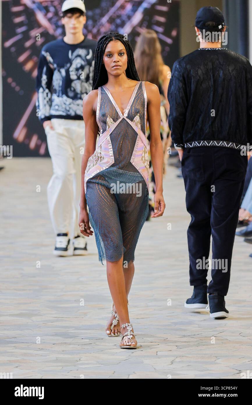 A model is seen on the catwalk at the Custo Barcelona Milano fashion ...