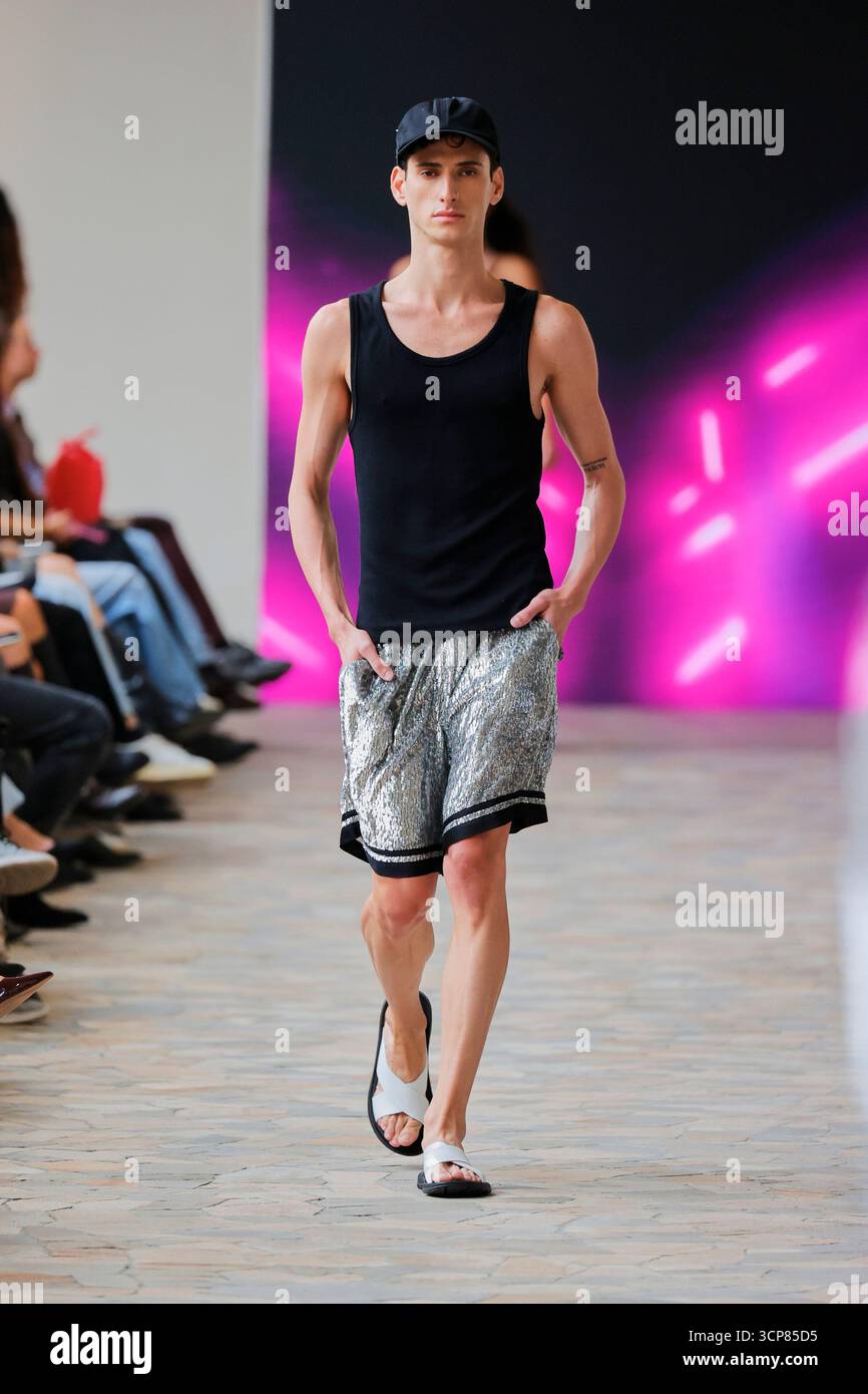 A model is seen on the catwalk at the Custo Barcelona Milano fashion ...