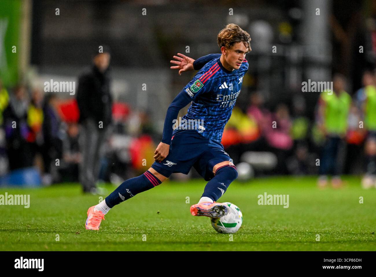 Max Dowman of Arsenal on the ball during the Carabao Cup Round 3 match ...