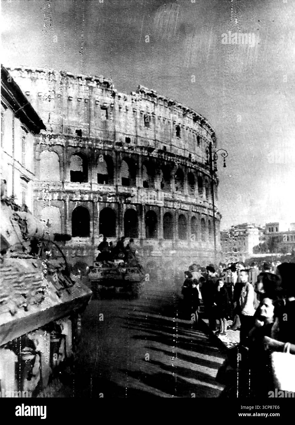 Fifth army armor rolls past ancient coliseum as cheering crowds welcome ...