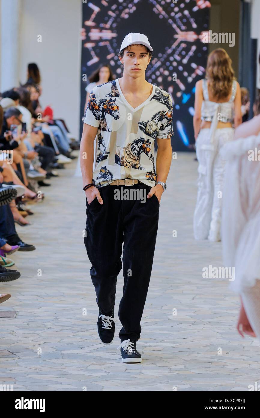 A model is seen on the catwalk at the Custo Barcelona Milano fashion ...