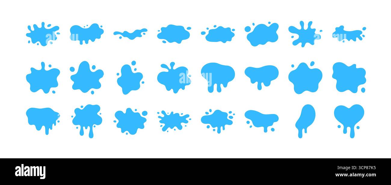 Water splash drop vector liquid puddle fluid shape cartoon icon set ...