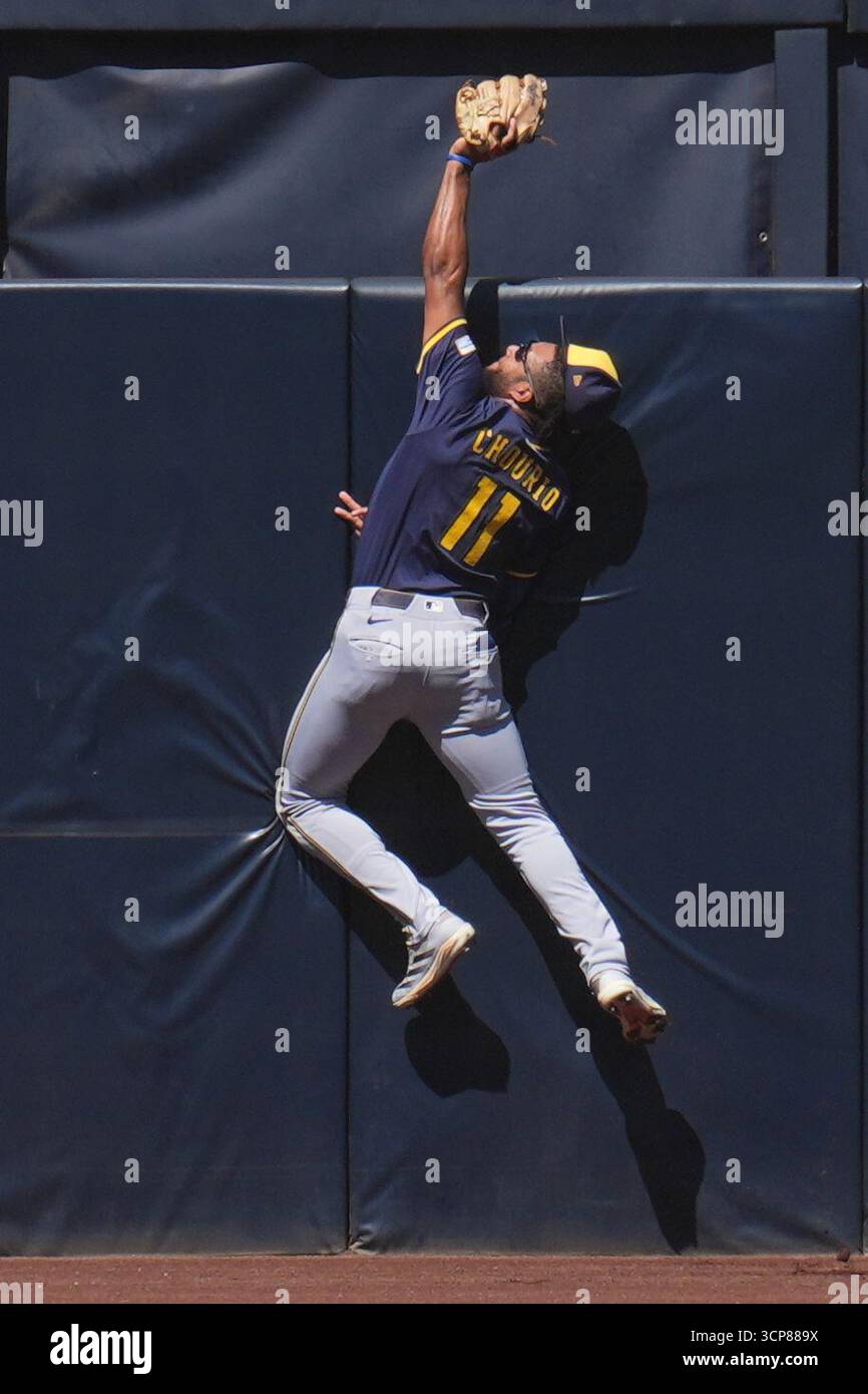 Milwaukee Brewers center fielder Jackson Chourio makes the catch at the ...