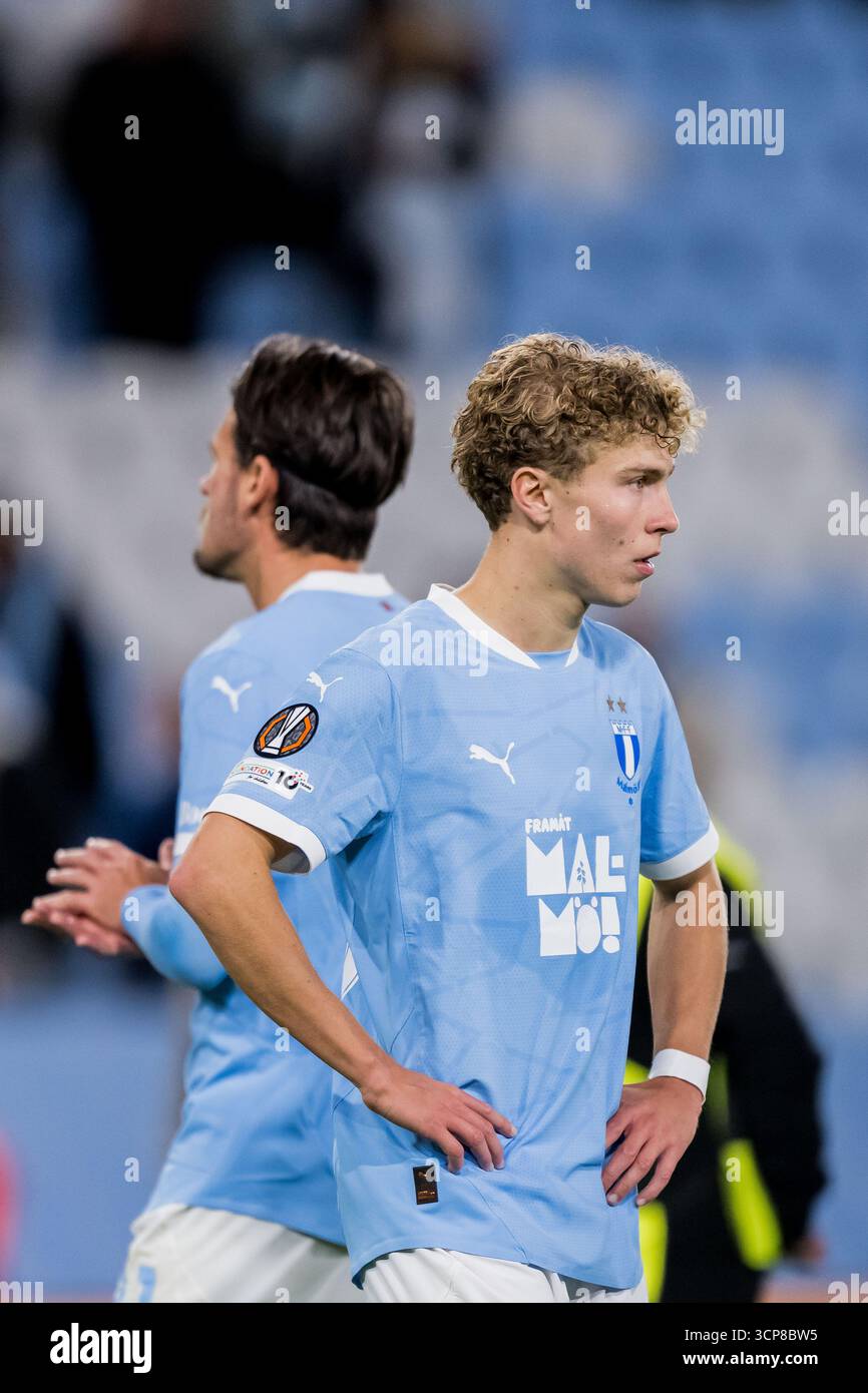 250924 Hugo Bolin of Malmö FF looks dejected after the UEFA Europa ...