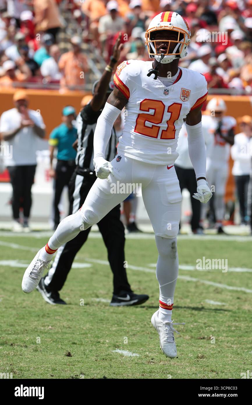 Tampa Bay Buccaneers cornerback Benjamin Morrison (21) celebrates a ...