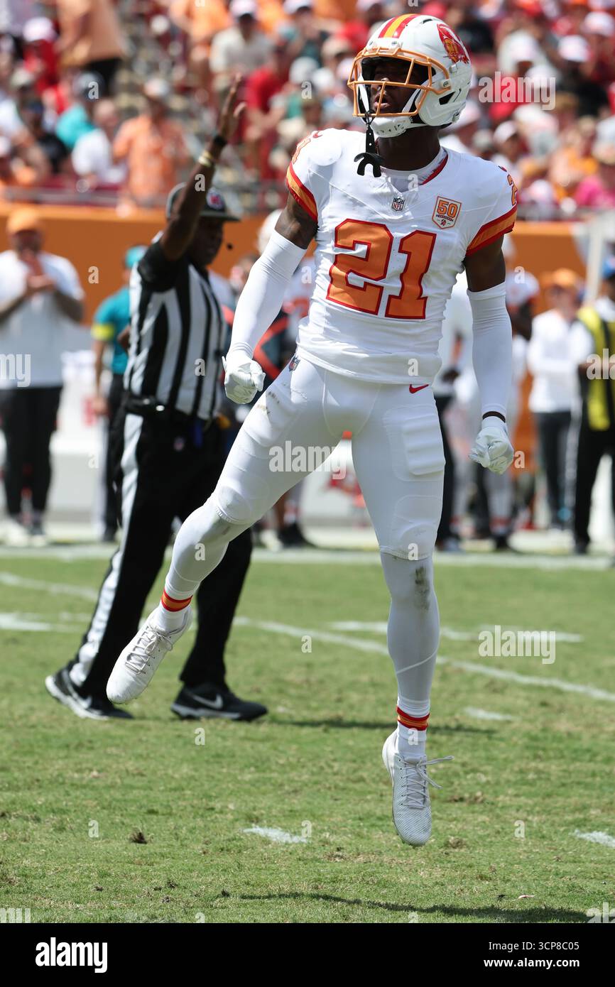Tampa Bay Buccaneers cornerback Benjamin Morrison (21) celebrates a ...