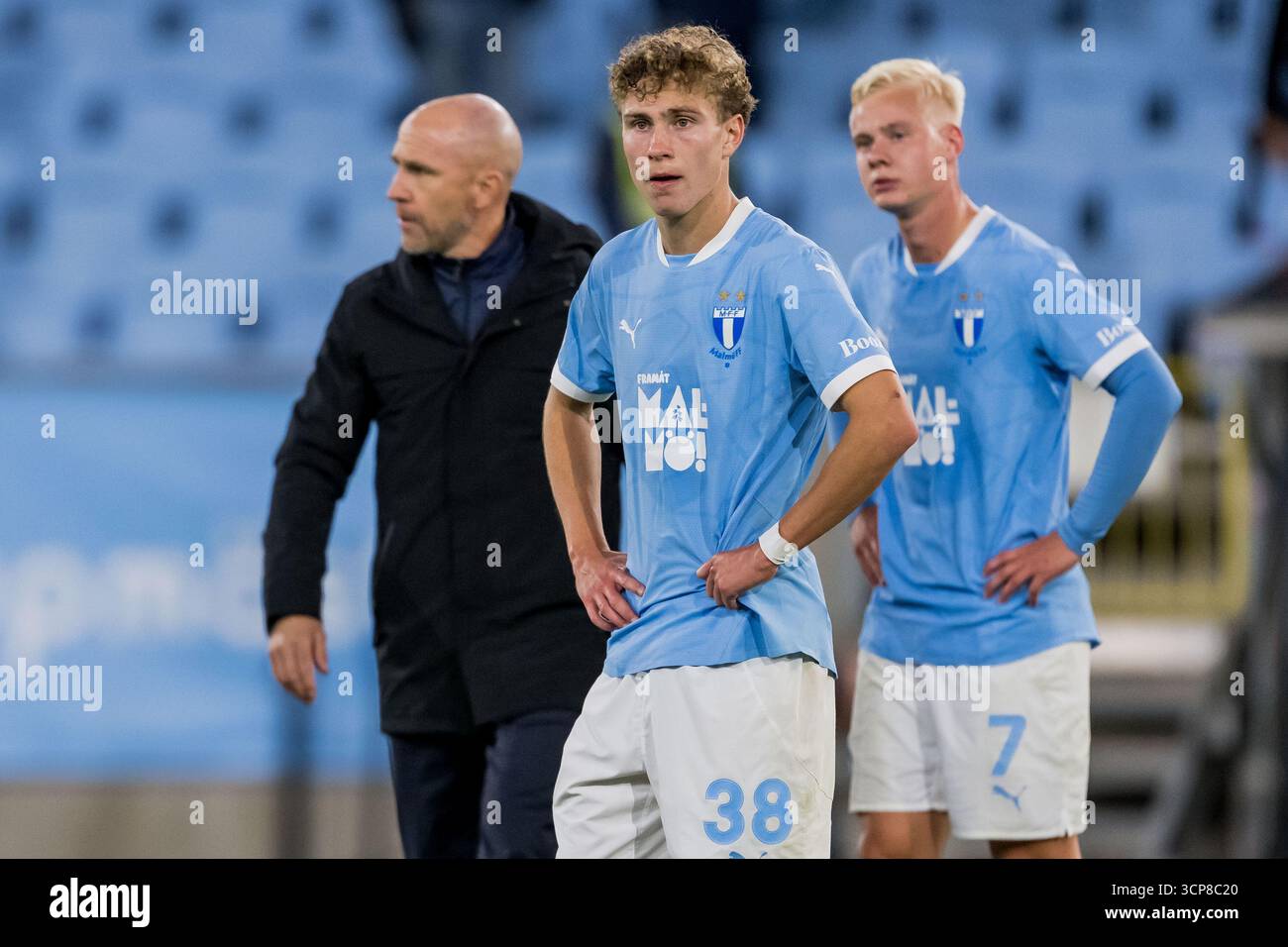 250924 Hugo Bolin of Malmö FF looks dejected after the UEFA Europa ...