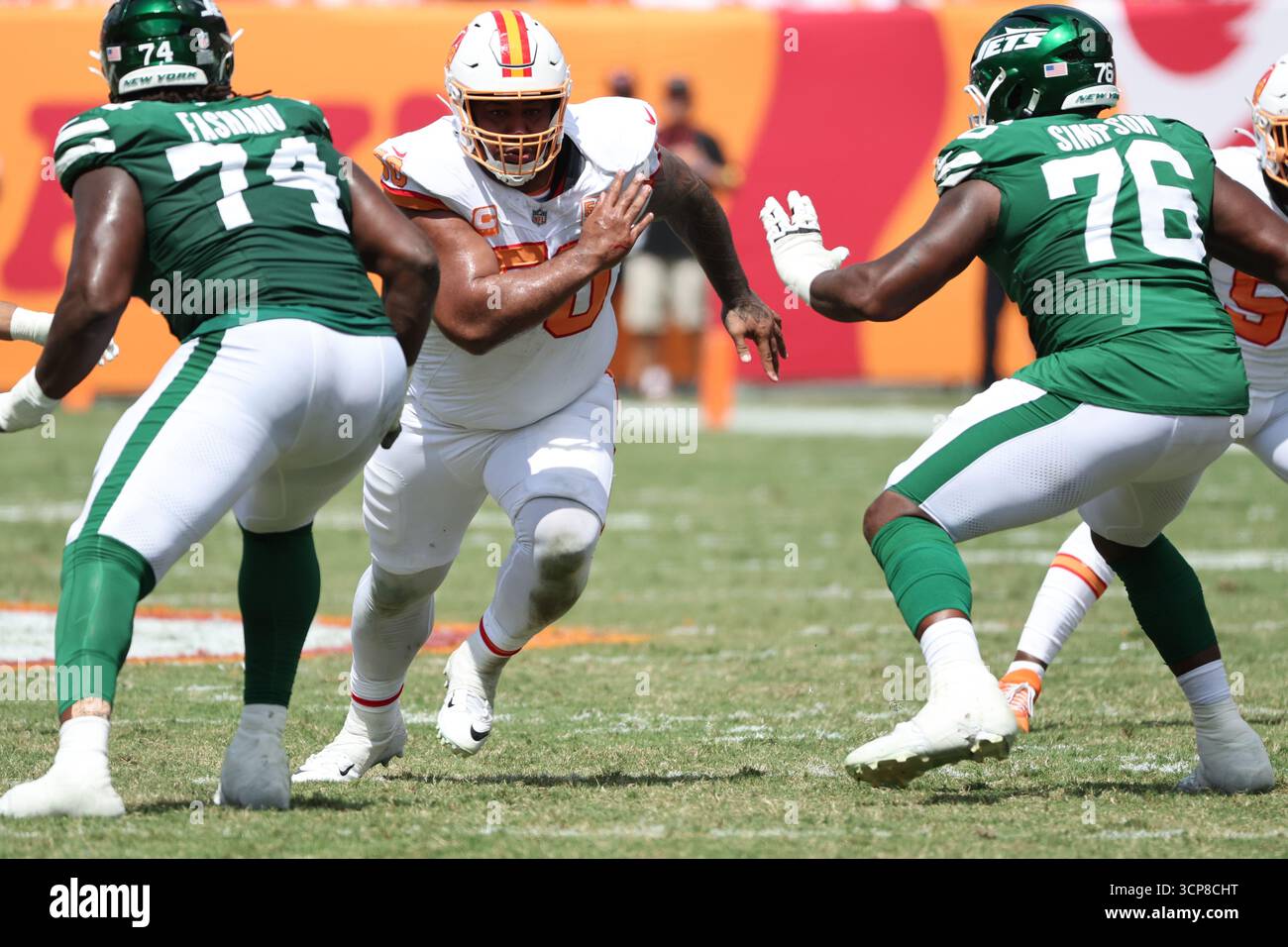 Tampa Bay Buccaneers defensive tackle Vita Vea (50) rushes in against ...