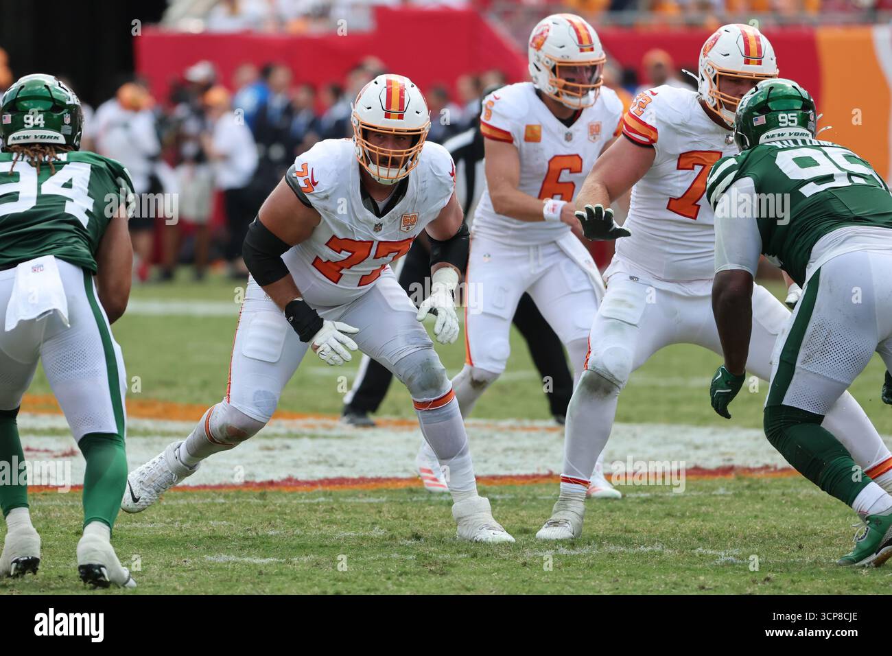 Tampa Bay Buccaneers offensive tackle Charlie Heck (77) sets to block ...