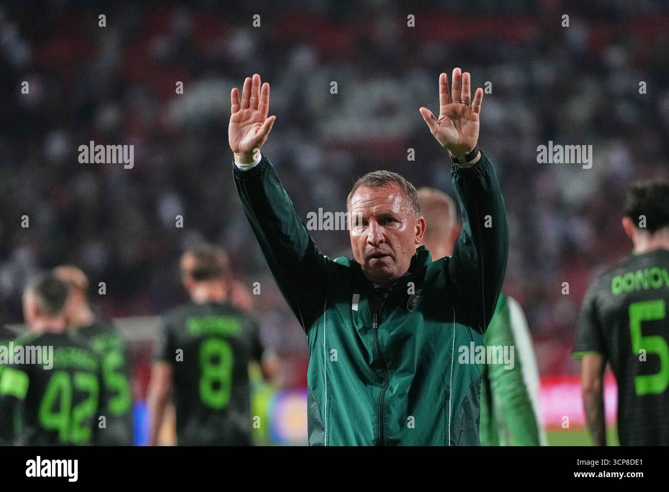 Celtic's head coach Brendan Rodgers greets supporters after the Europa ...