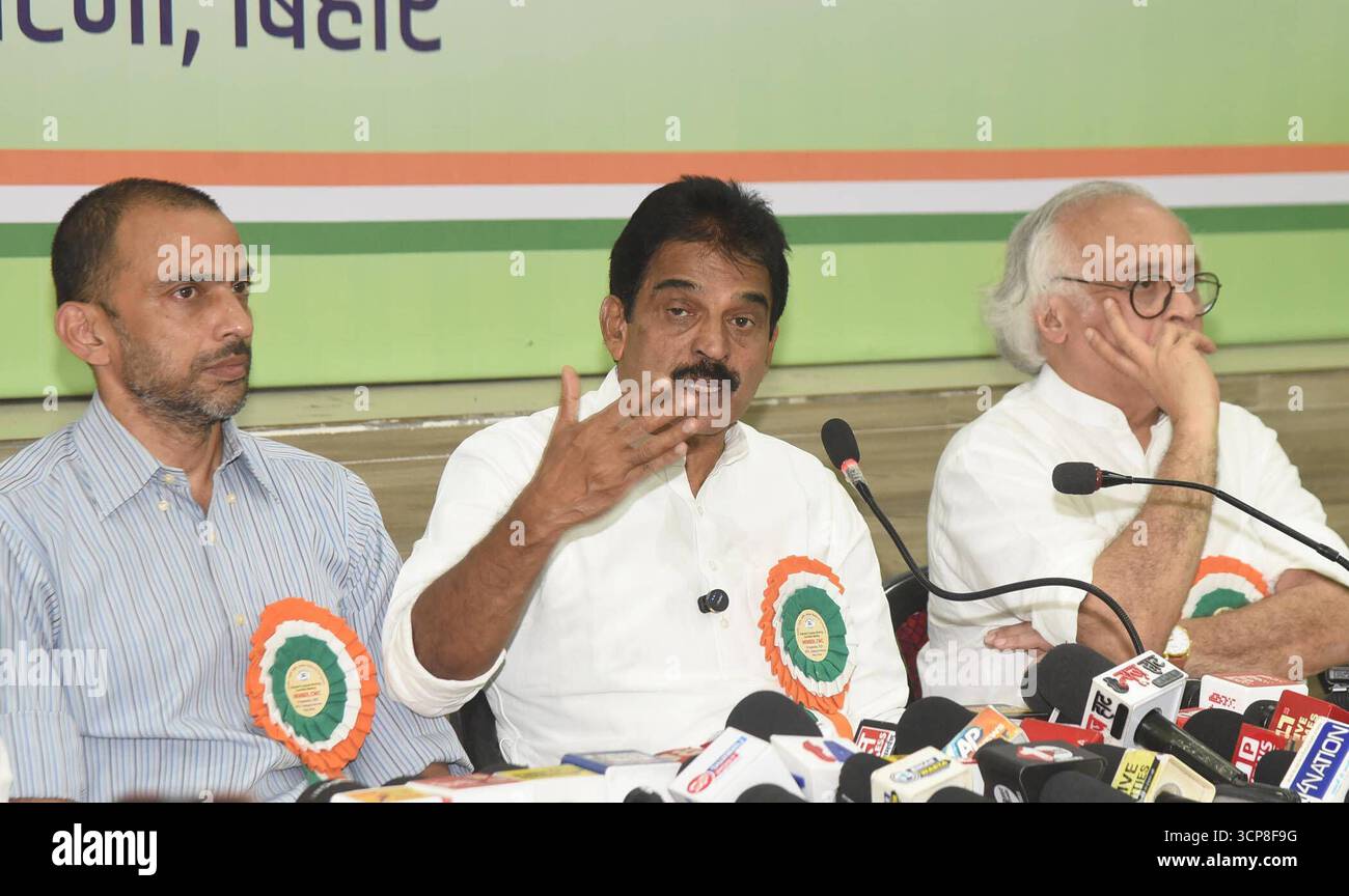 PATNA, INDIA - SEPTEMBER 24: Congress leaders KC Venugopal, Jairam ...