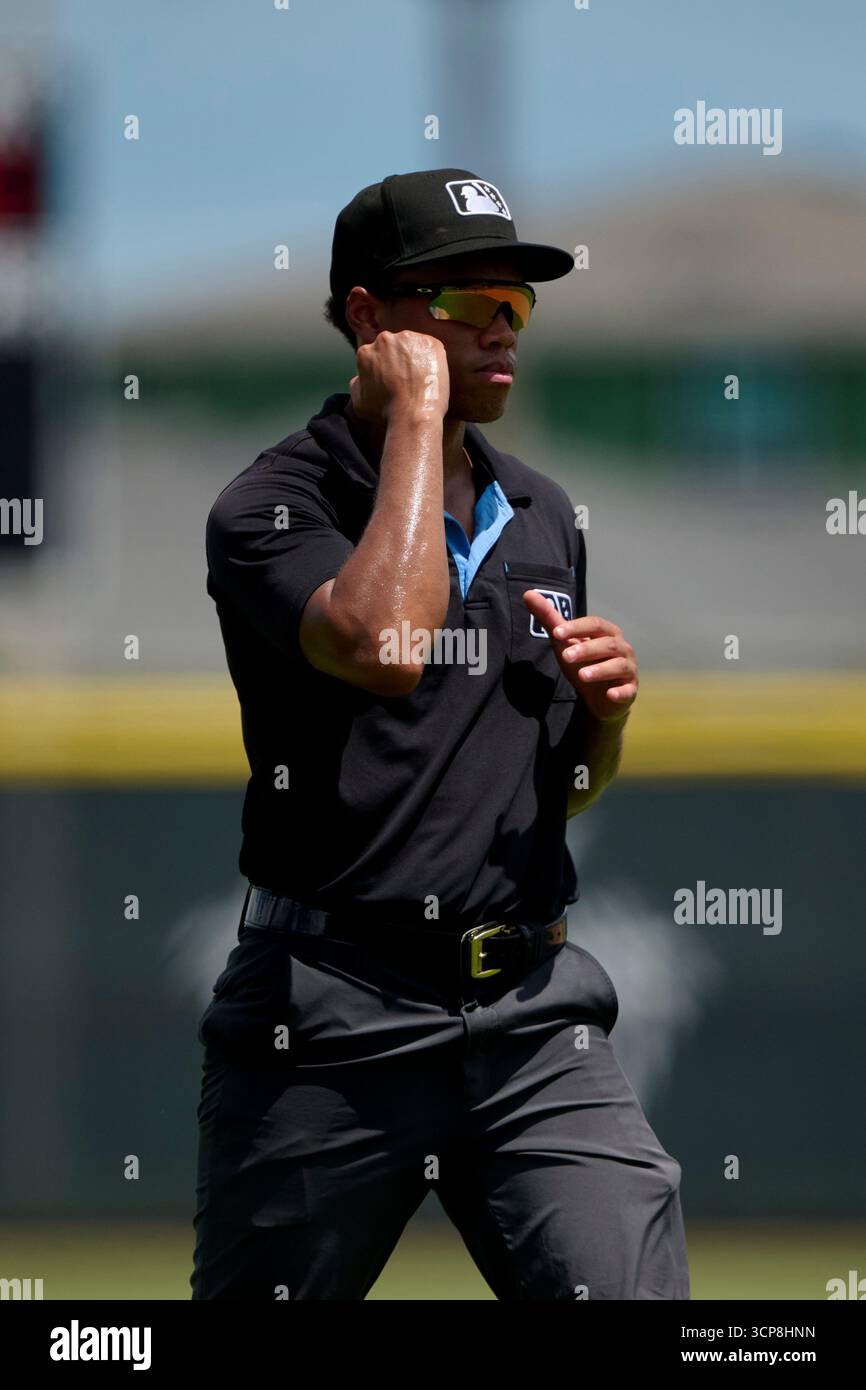 Umpire DeAndre Cooper calls an out during an MiLB Florida Bridge League ...