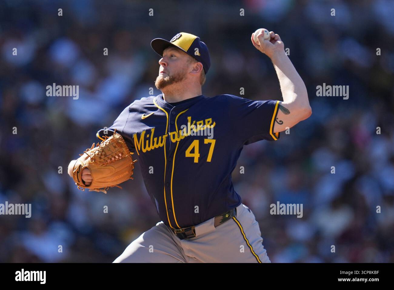 Milwaukee Brewers relief pitcher Jared Koenig works against a San Diego ...