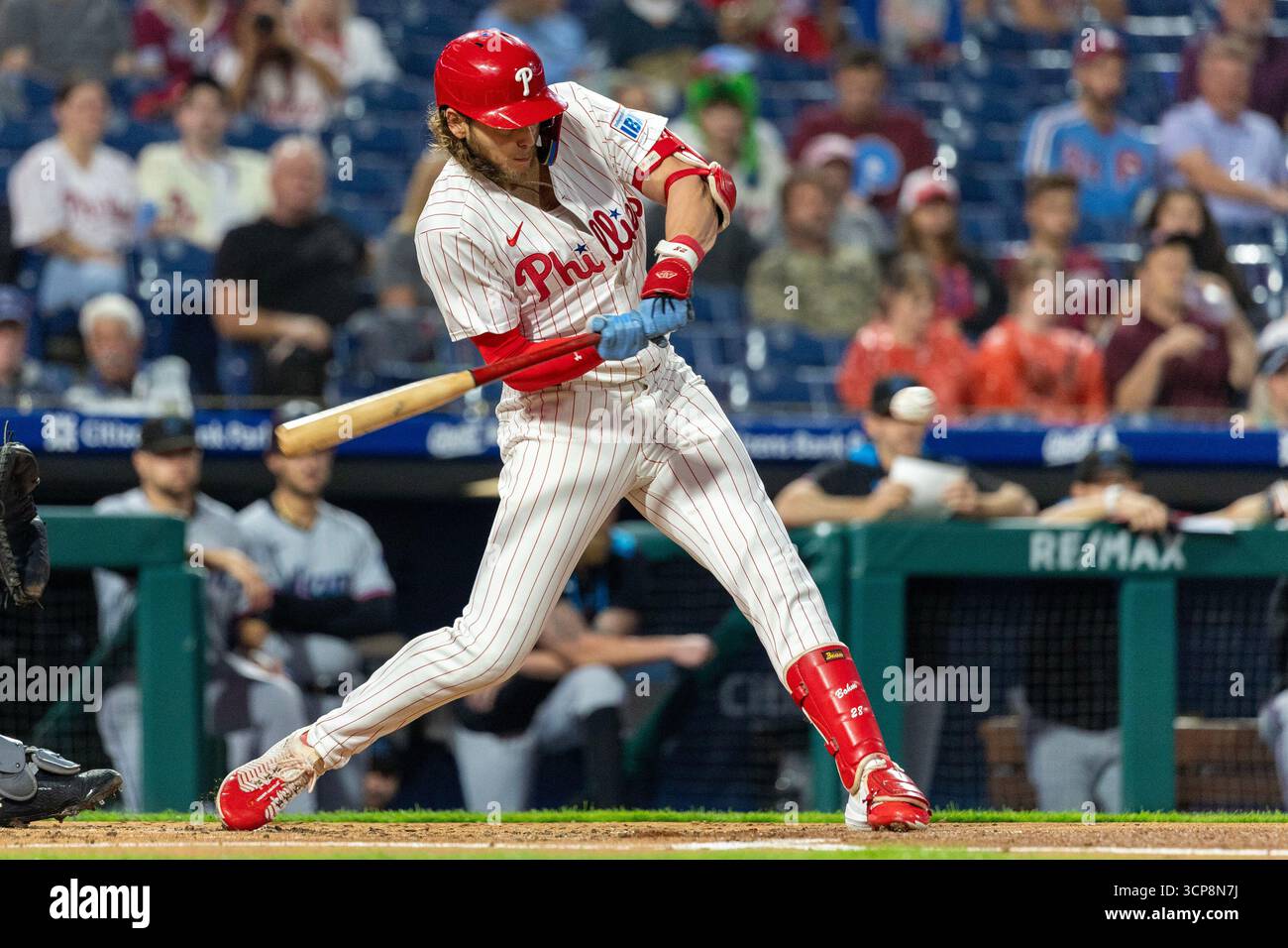 Philadelphia Phillies' Alec Bohm hits a single during the first inning ...