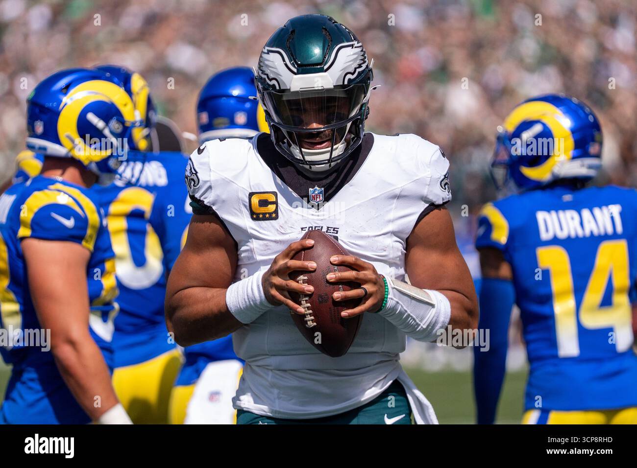 Philadelphia Eagles quarterback Jalen Hurts reacts to the touchdown during an NFL football game ...