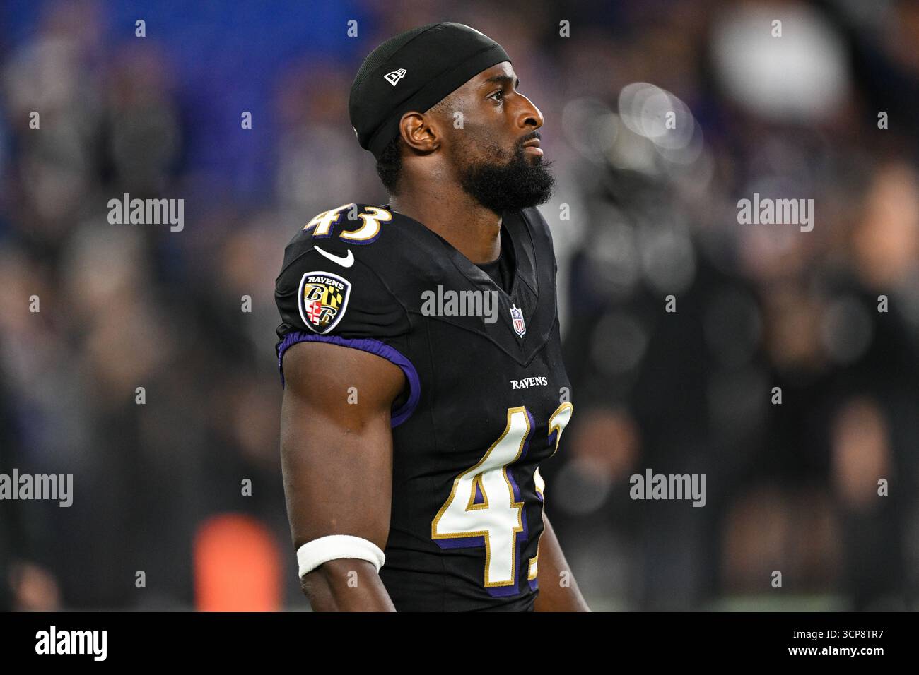 Baltimore Ravens running back Justice Hill looks on during pre-game ...