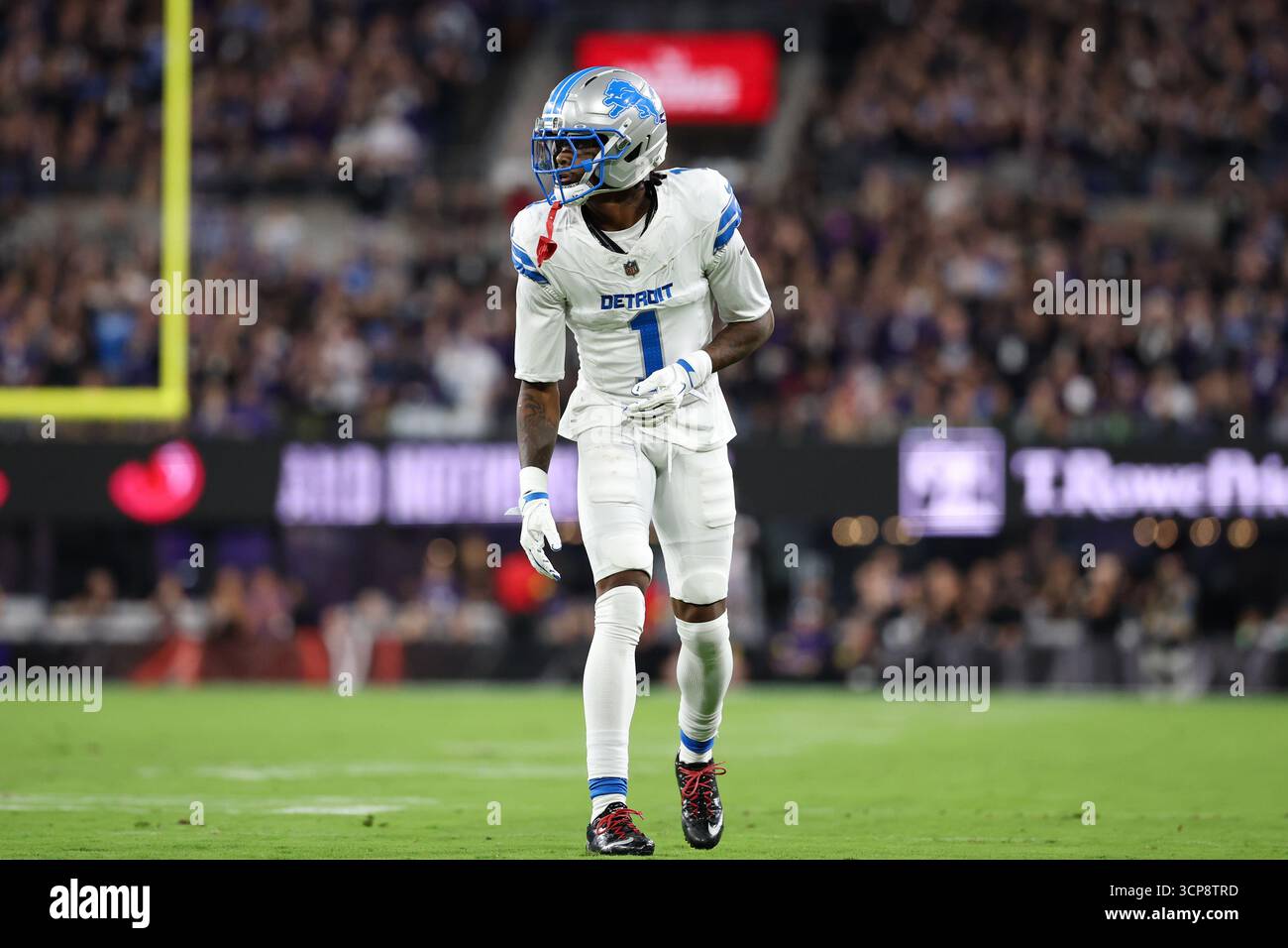 Detroit Lions wide receiver Jameson Williams (1) gets in position ...