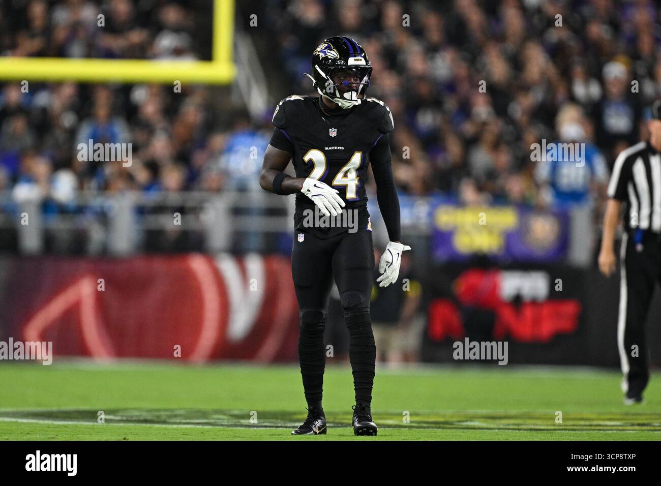 Baltimore Ravens safety Malaki Starks (24) gets in position during the ...