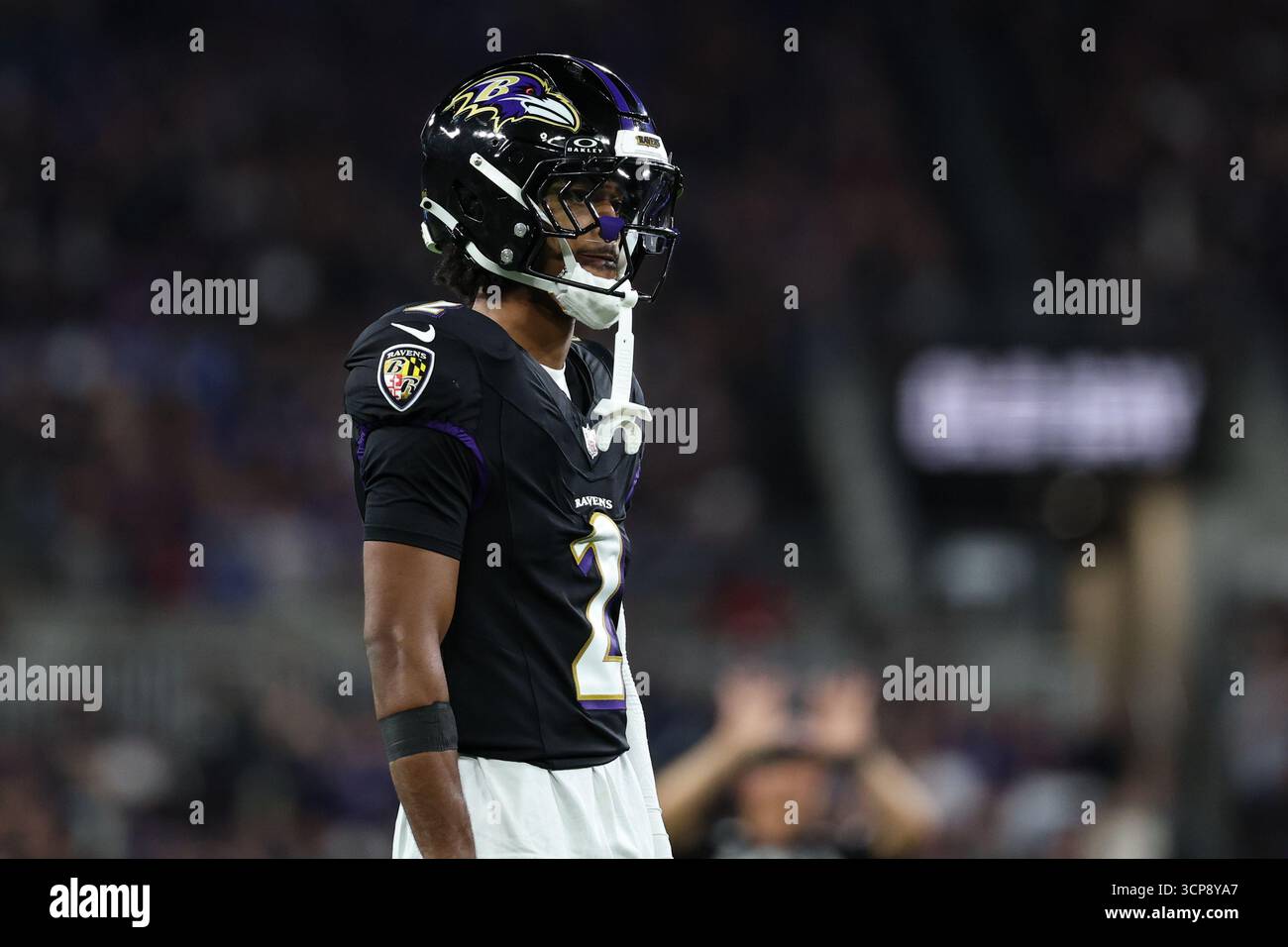 Baltimore Ravens cornerback Nate Wiggins (2) looks on between plays ...
