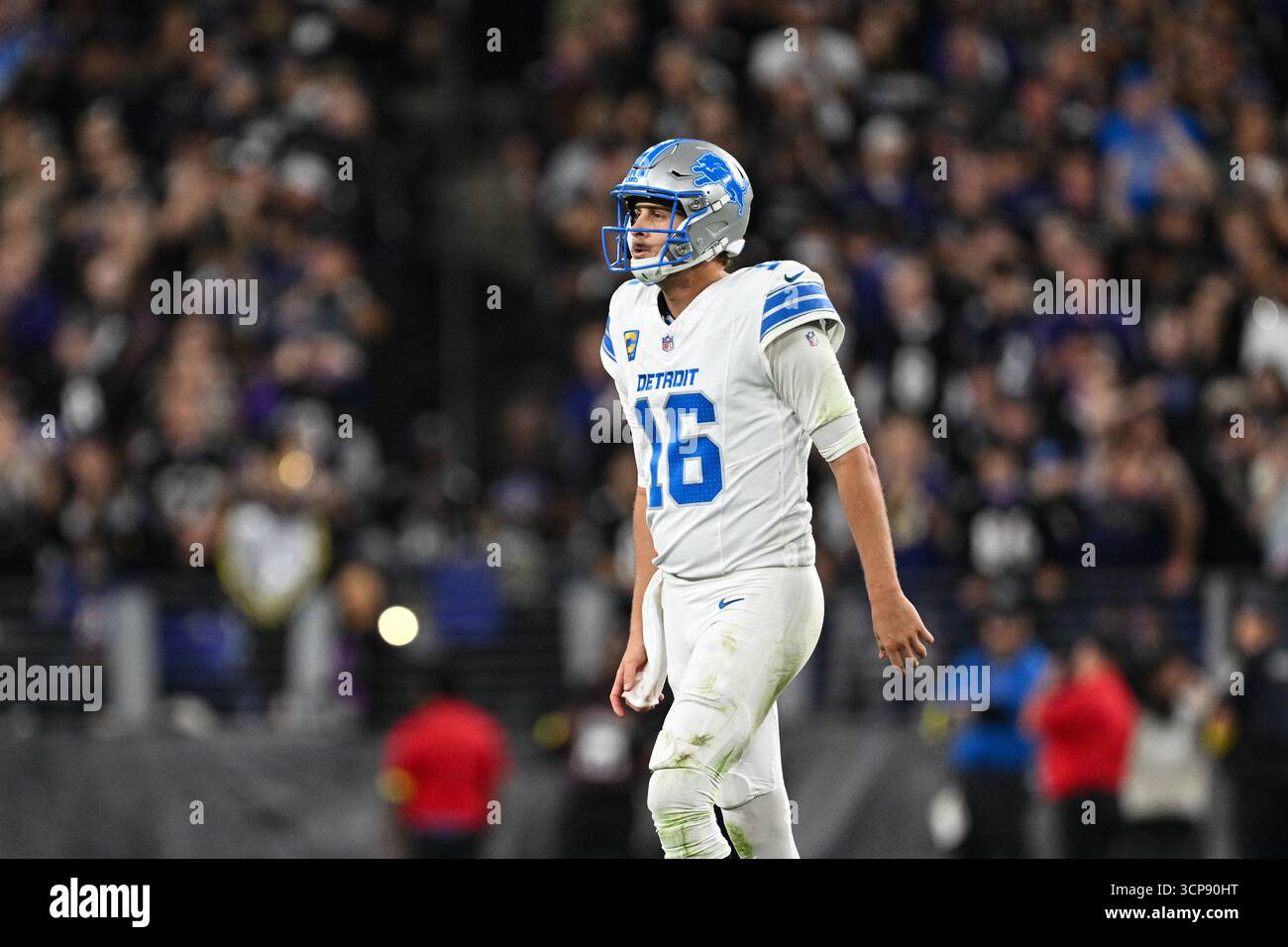 Detroit Lions quarterback Jared Goff (16) walks on the field during the ...